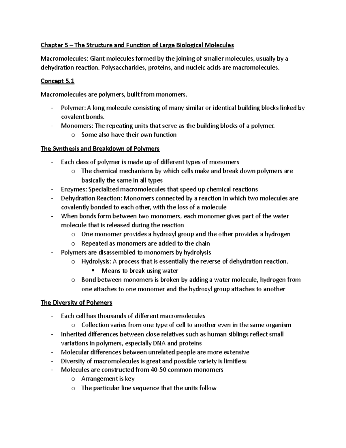 BIOL 1001 Chapter 5 Complete Notes - Chapter 5 – The Structure and ...