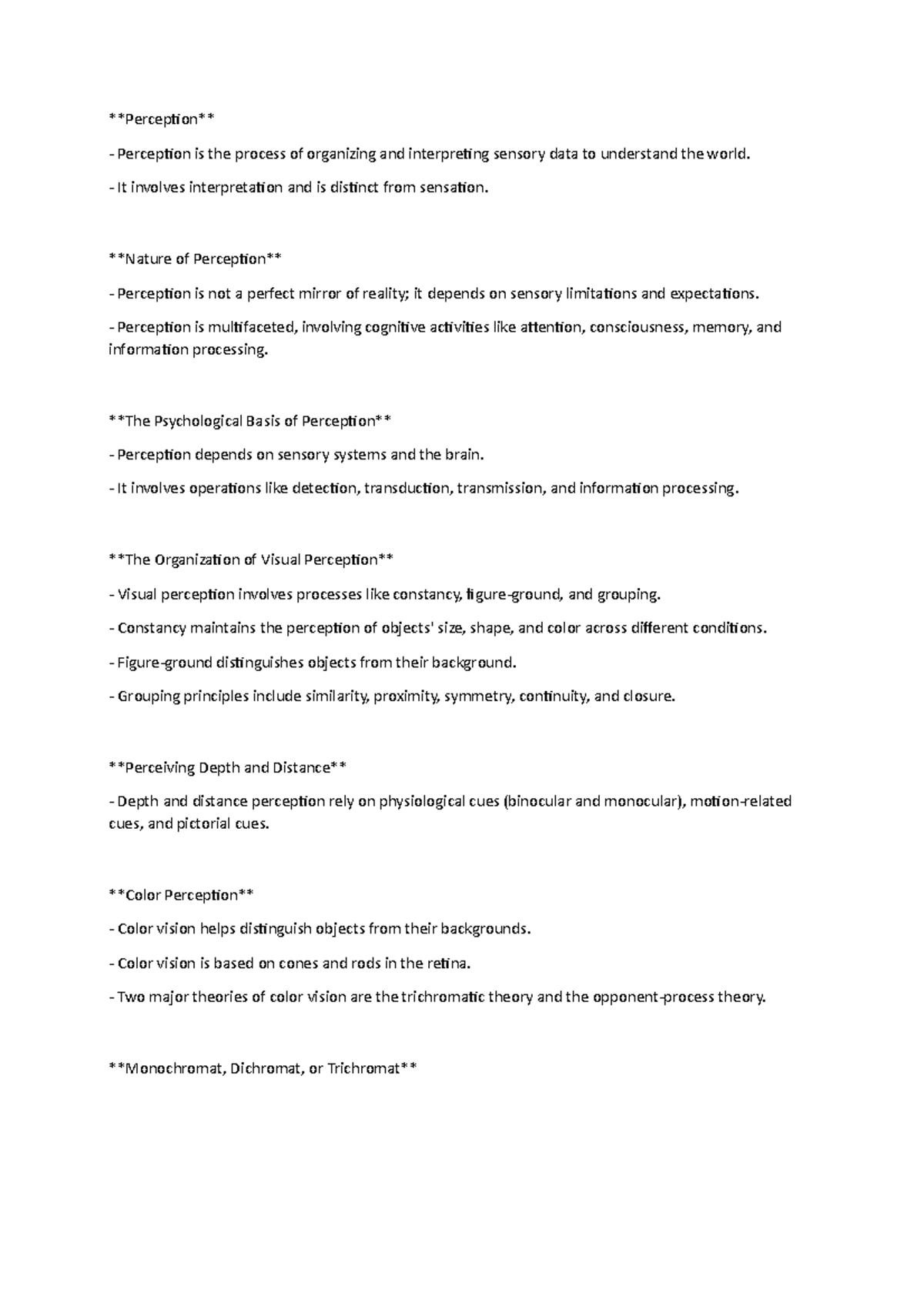 Perception - Study notes - Perception Perception is the process of ...