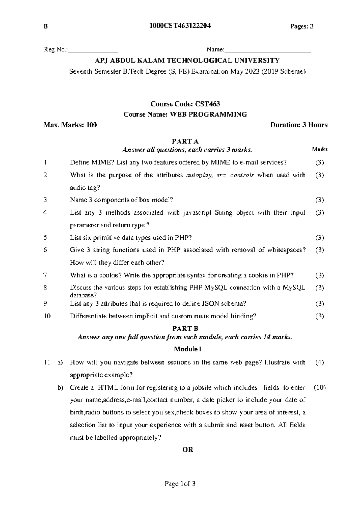 CST463-QP - Question paper of CST 463 - 1000CST Page 1 of 3 Course Code: CST Course Name: WEB ...