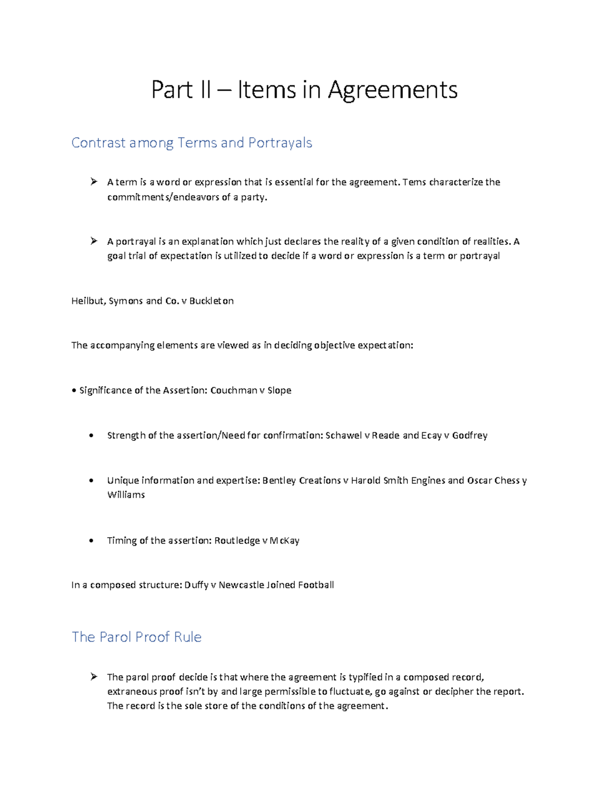 Part II – Items in Agreements - Part II – Items in Agreements Contrast ...