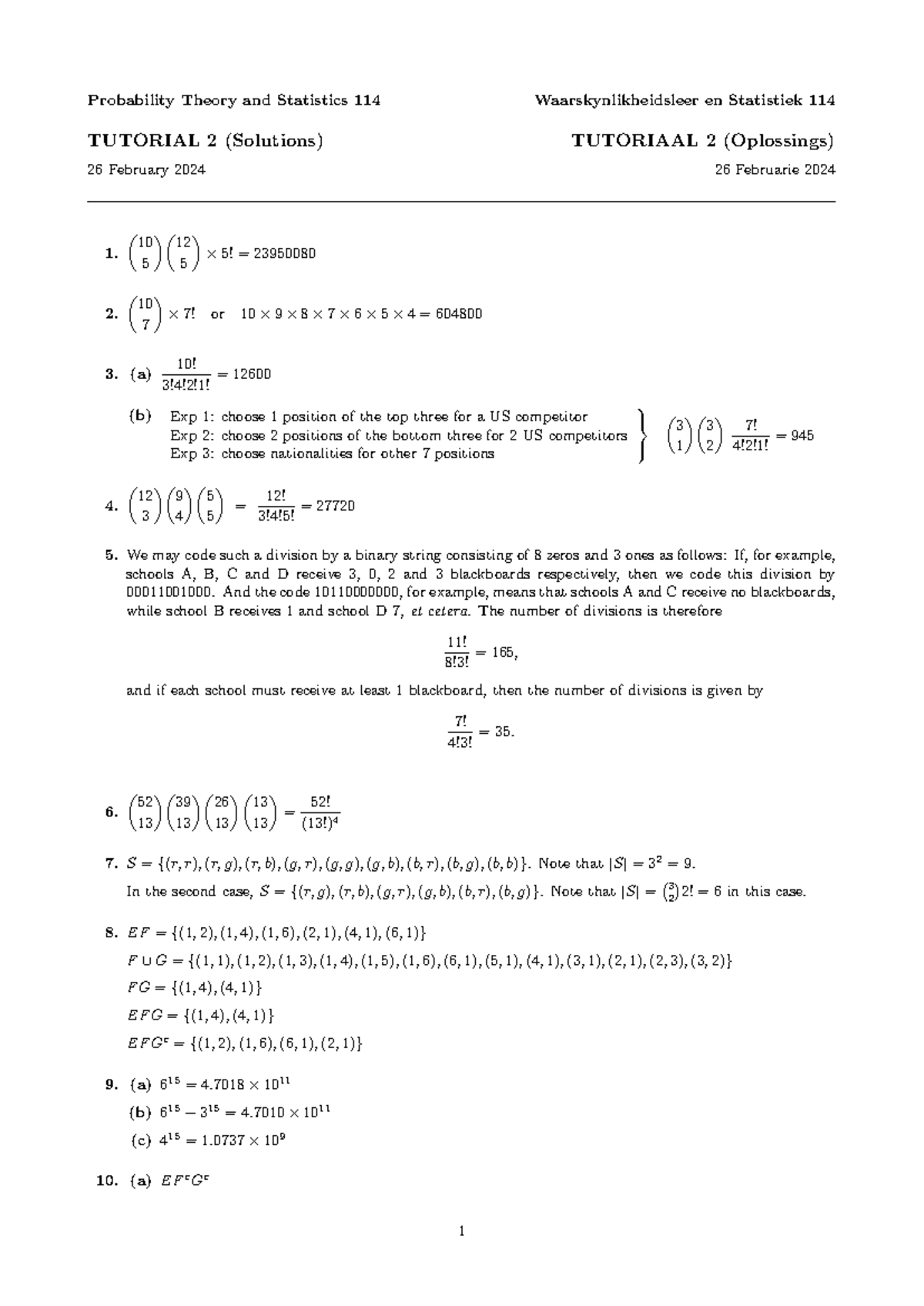 Tut-02-memo - Chapter 1 and 2 Multinomial coefficients Sample spaces ...