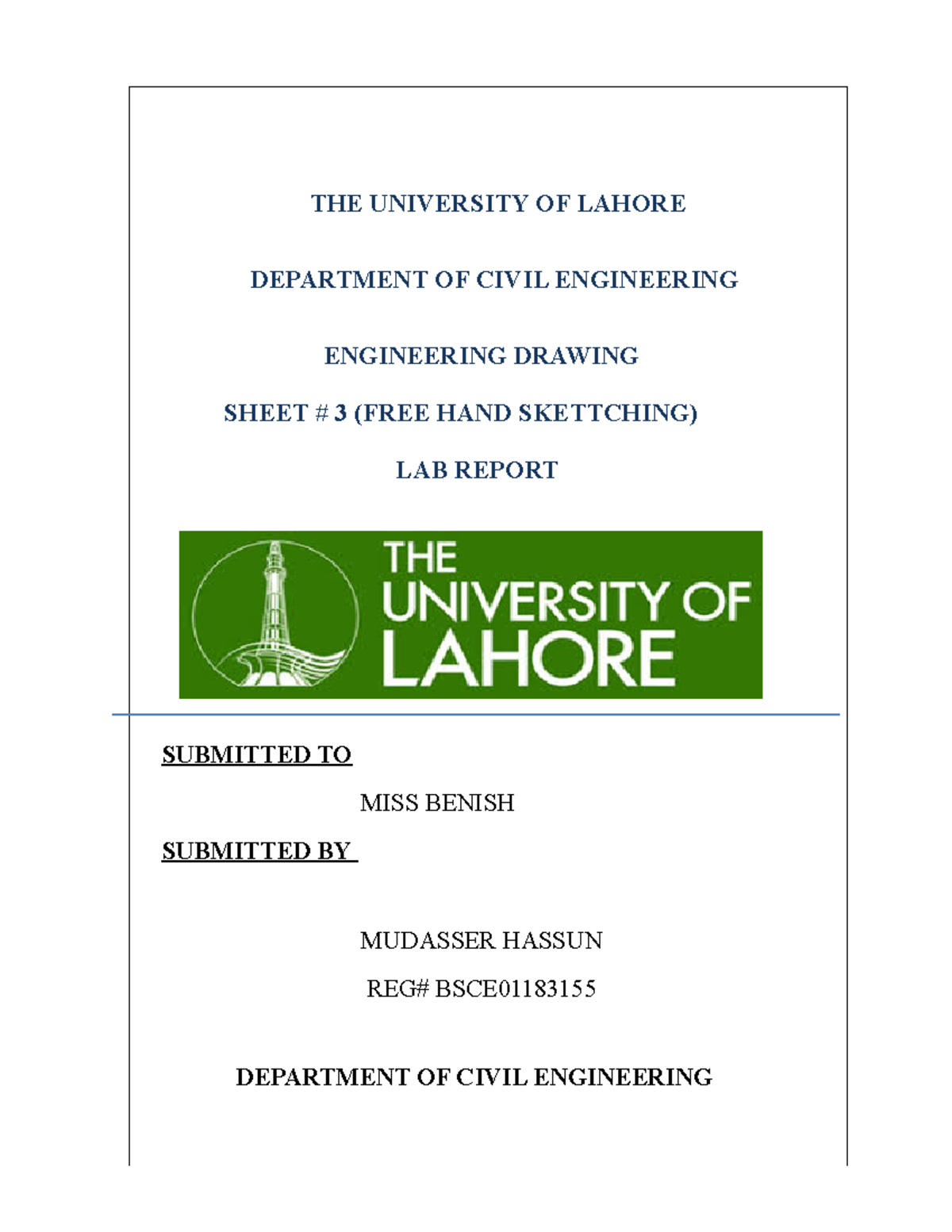 Lab report 3 eng drawing - THE UNIVERSITY OF LAHORE DEPARTMENT OF CIVIL ...