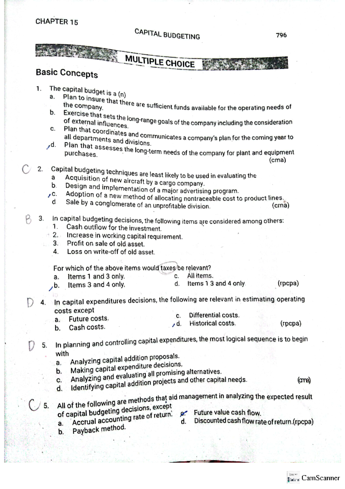 Capital Budgeting MCQ Answers - CHAPTER 15 CAPITAL BUDGETING 796 MULTIPLE CHOICE Basic Concepts ...