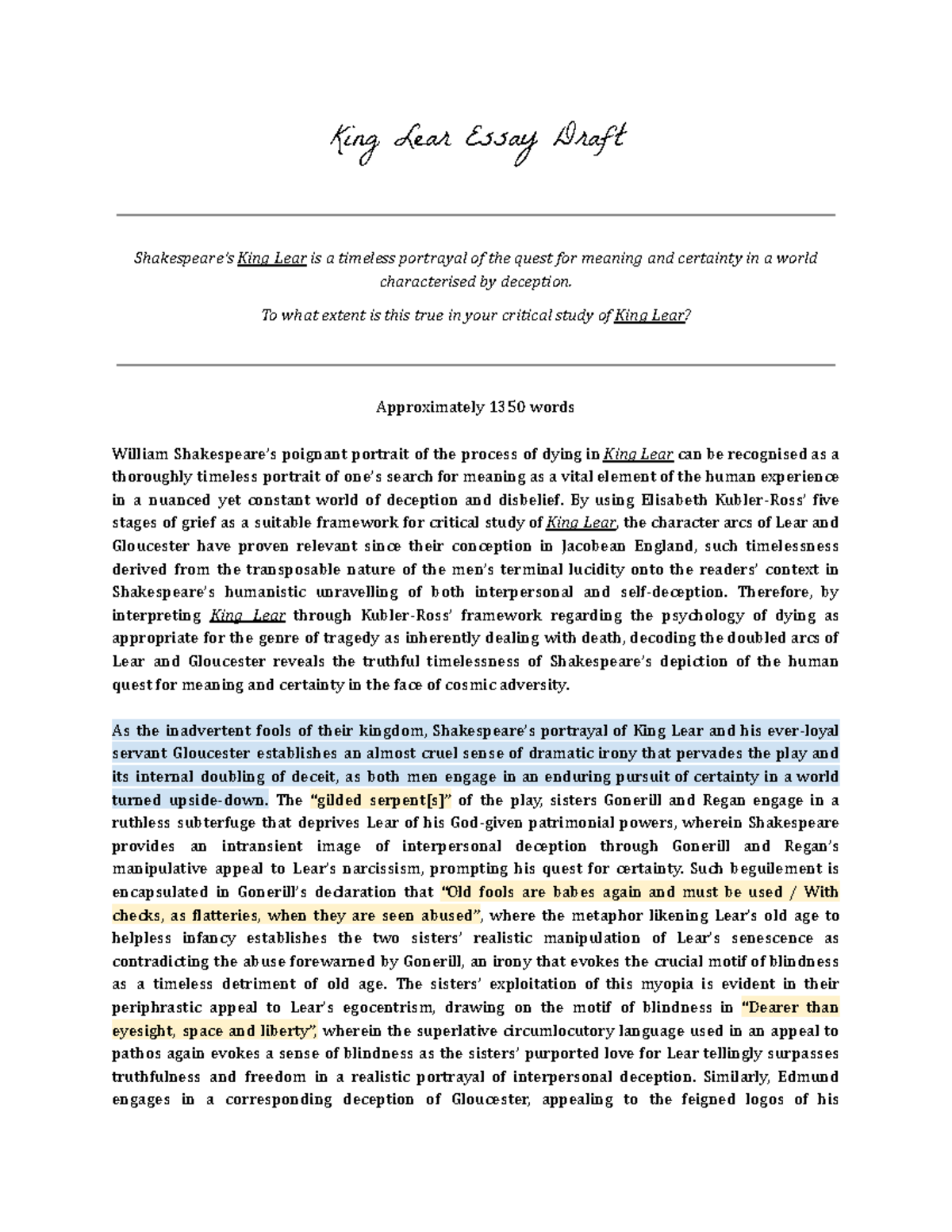 King Lear Essay Draft - King Lear Essay Draft Shakespeare’s King Lear ...