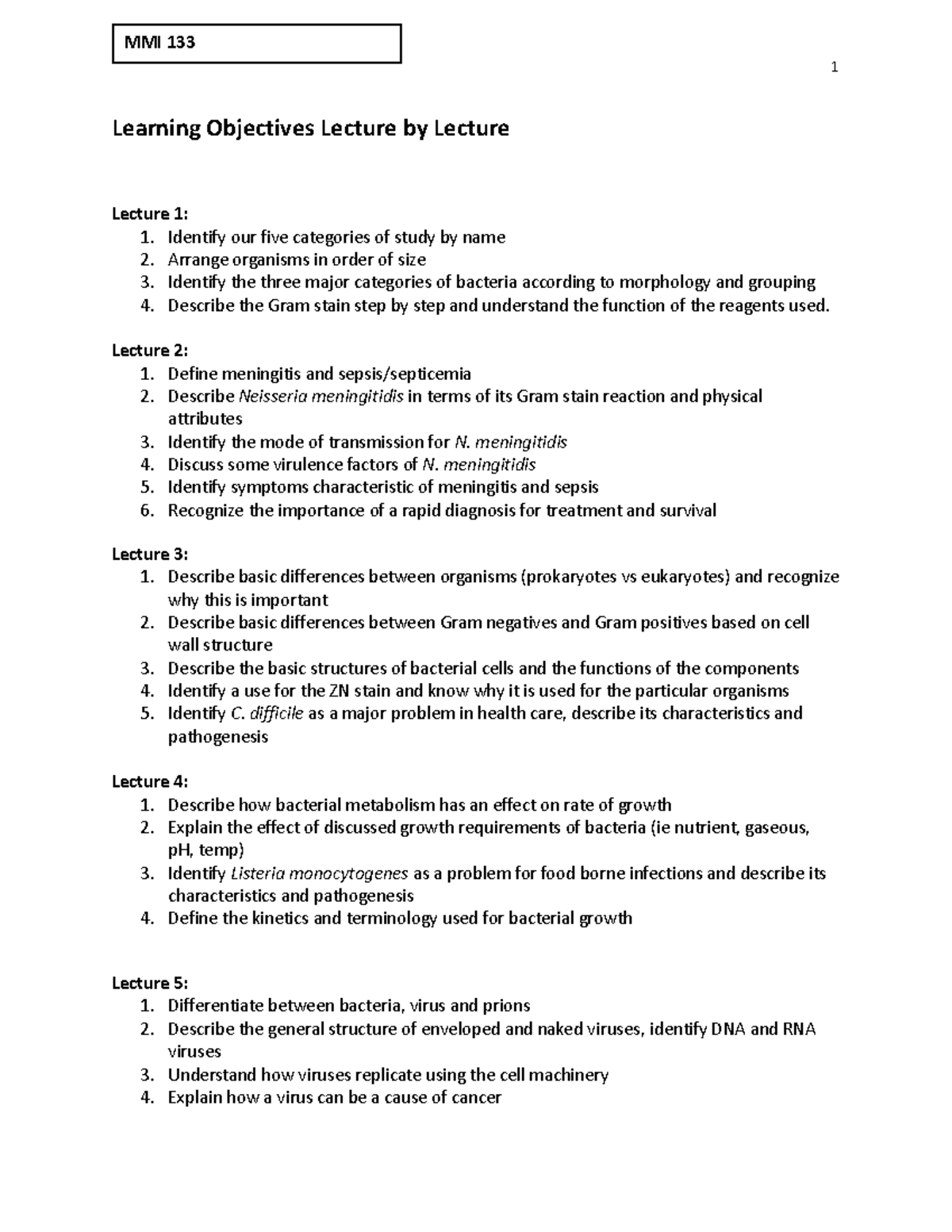 Microbiology - Learning Objectives Lecture by Lecture - 1 Learning Objectives Lecture by Lecture ...