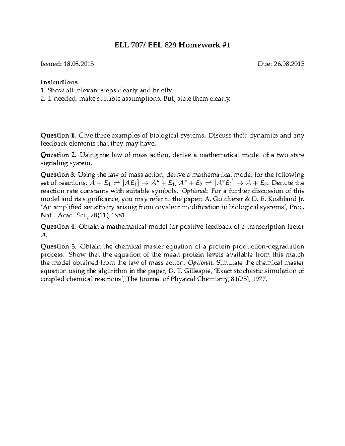 HW1 - Systems Biology - ELL 707/ EEL 829 Homework Issued: 18.08 Due: 26 ...