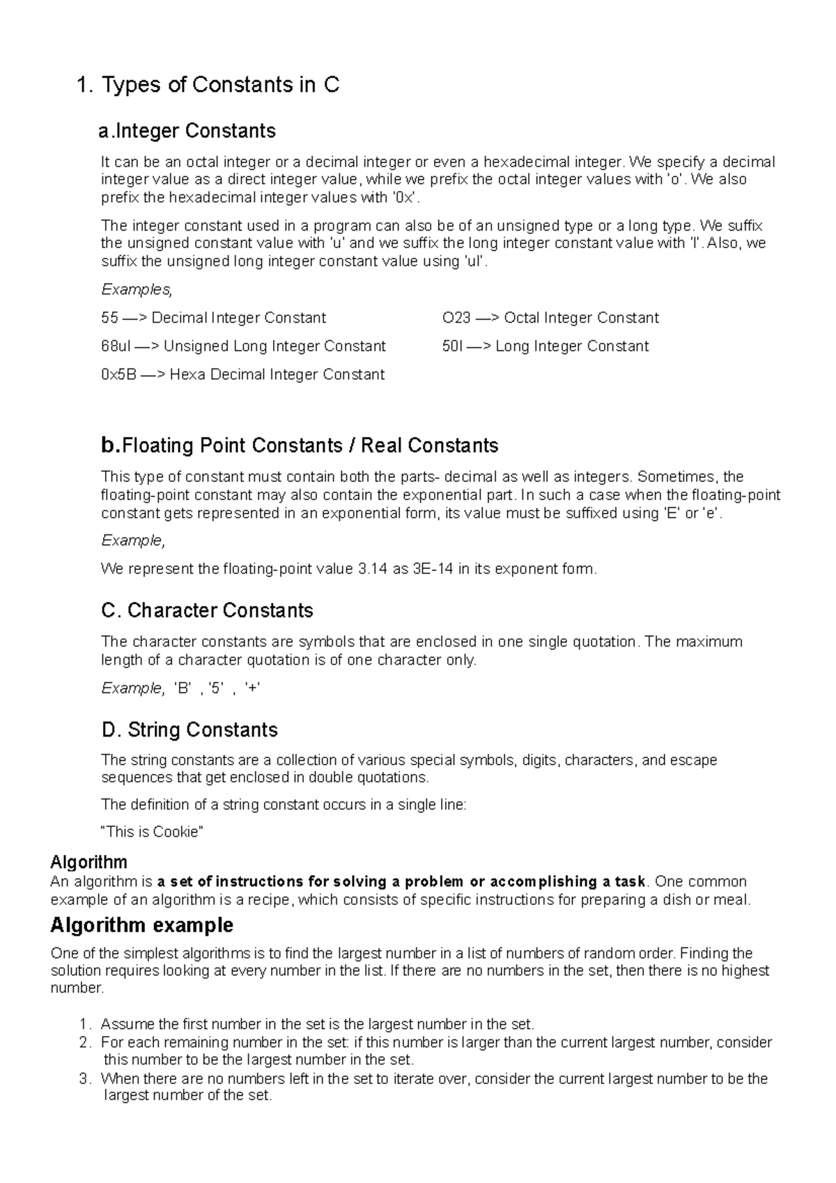 C languge notes - 1. Types of Constants in C a Constants It can be an ...