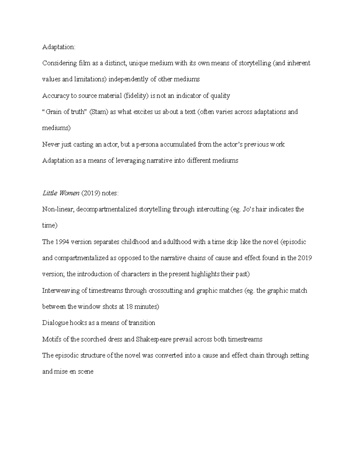Week 11 Lecture Notes 11 Adaptation Considering Film As A Distinct Unique Medium With Its