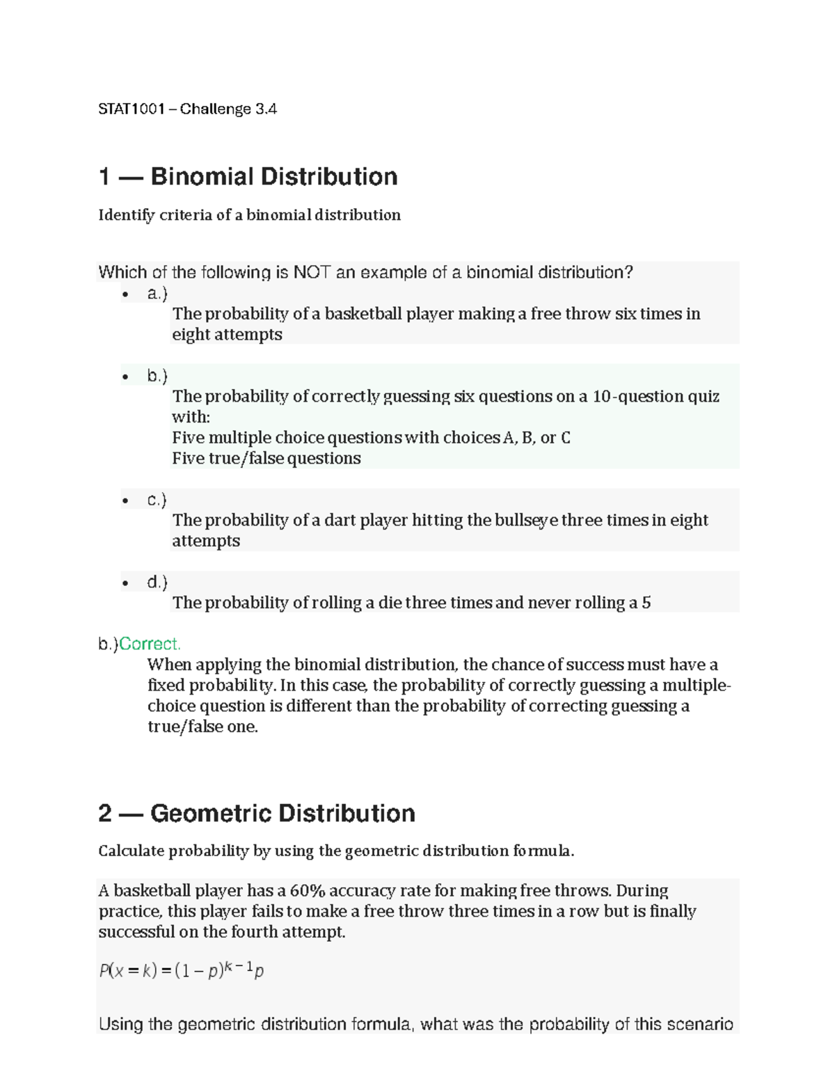 Intro to Statistics Challenge 3.4 Questions - STAT 1001 – Challenge 3. 1 — Binomial Distribution ...
