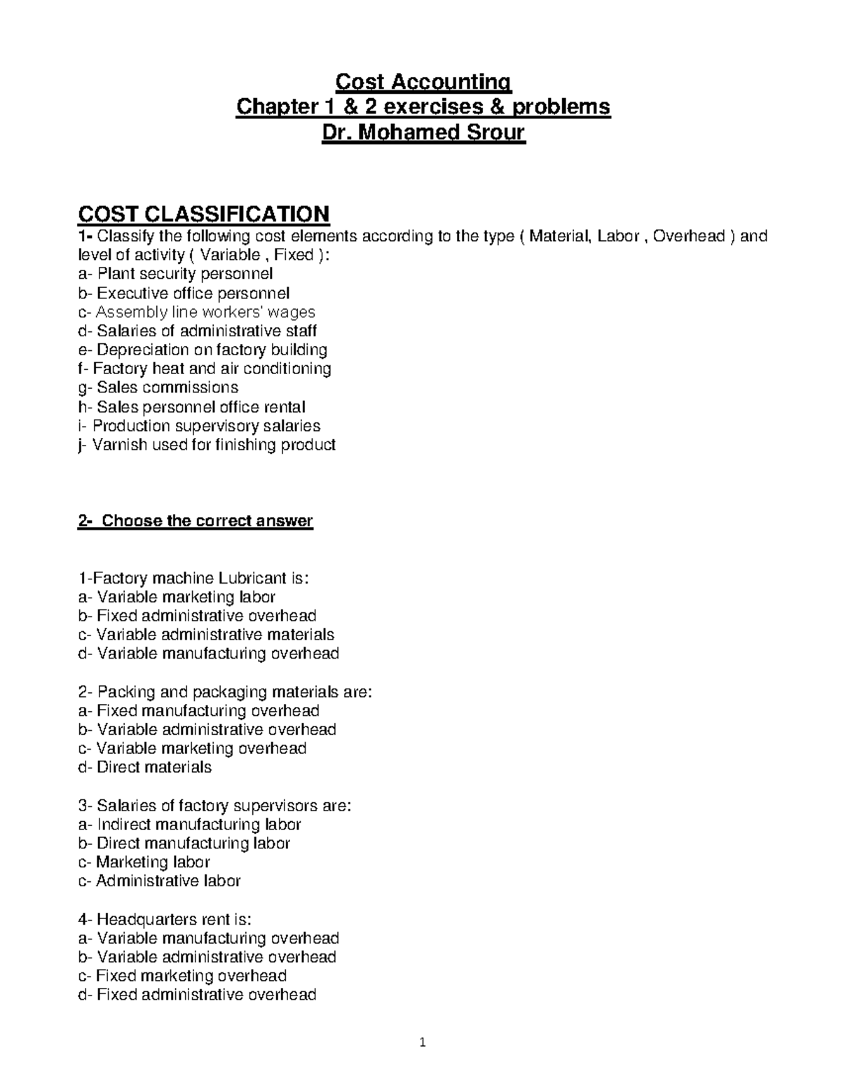 Cost revision sheets for students chapter 1 2 - Cost Accounting Chapter ...