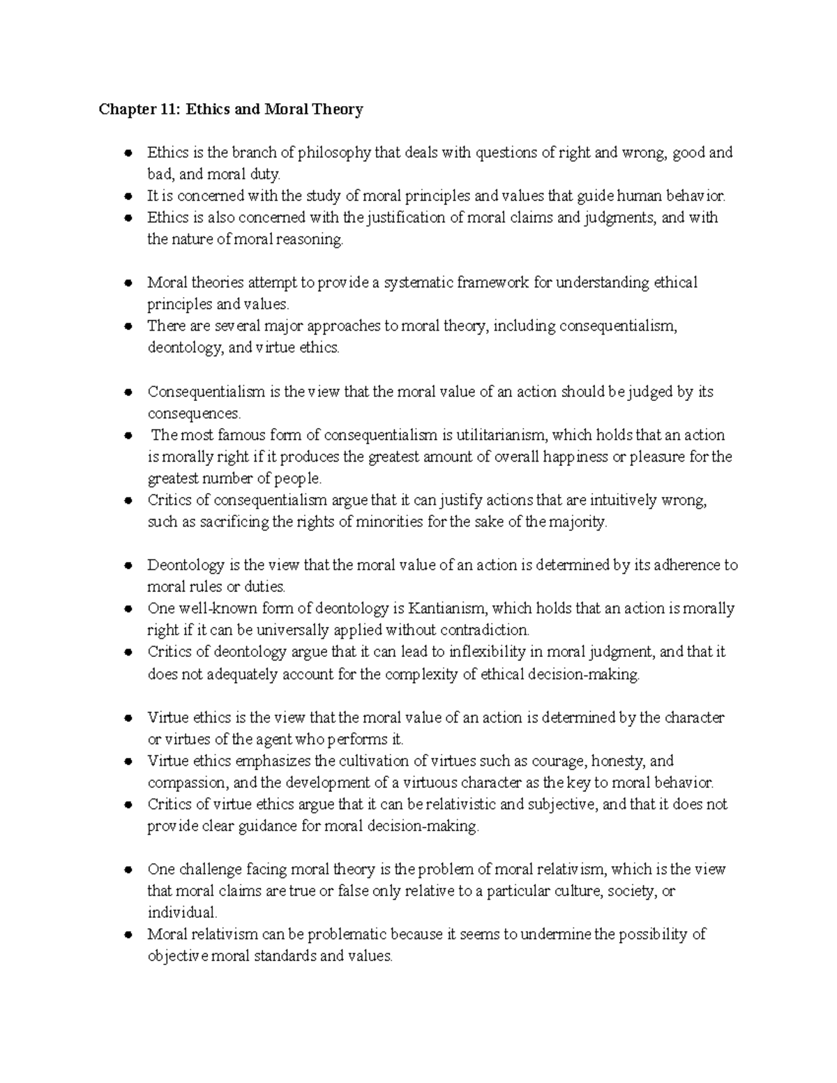 PHIL 100 Ch 11 - PHIL 100 Notes for Chapter 11 - Chapter 11: Ethics and ...