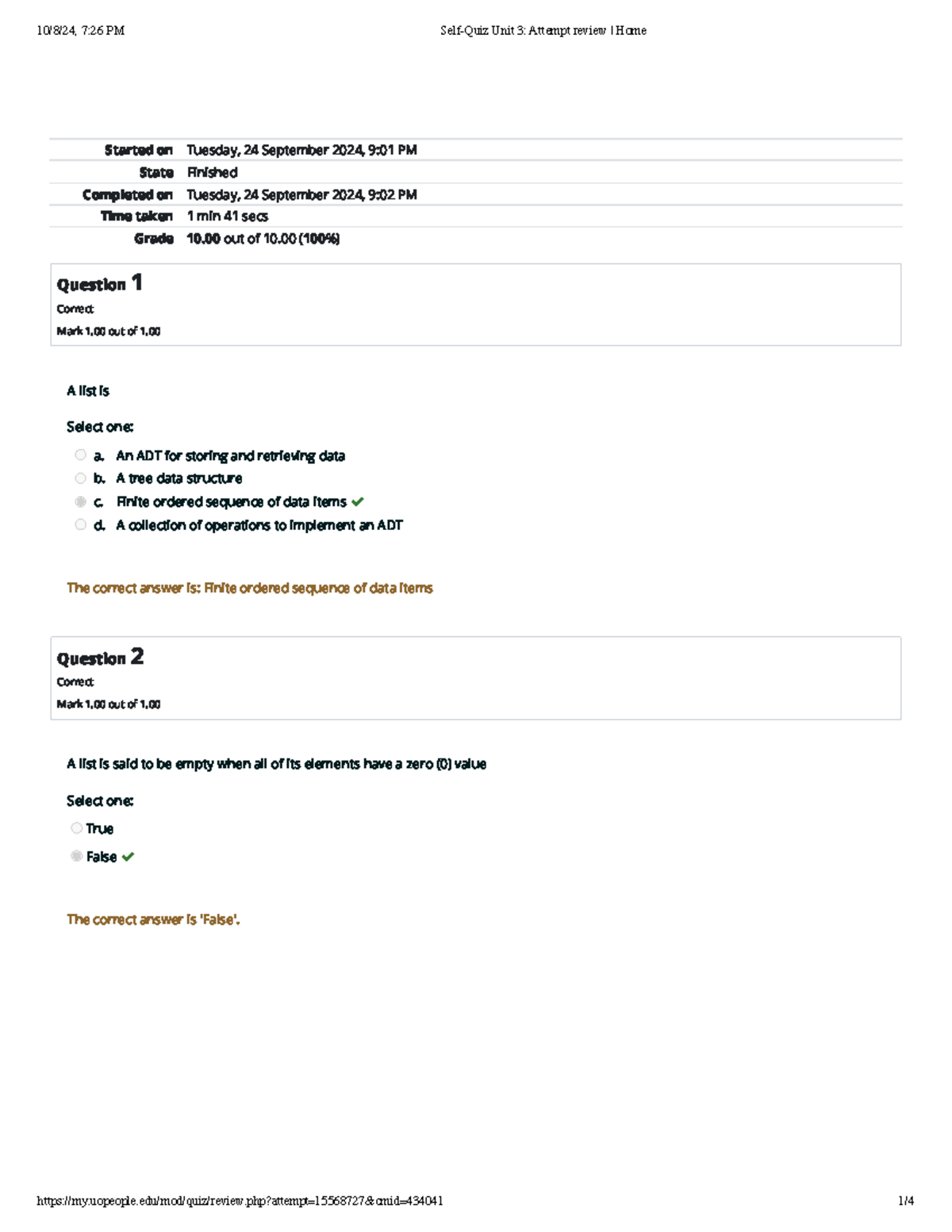 CS 3303 Self Quiz 3 - CS 3303 Self Quiz from Unit 3 - Started on ...