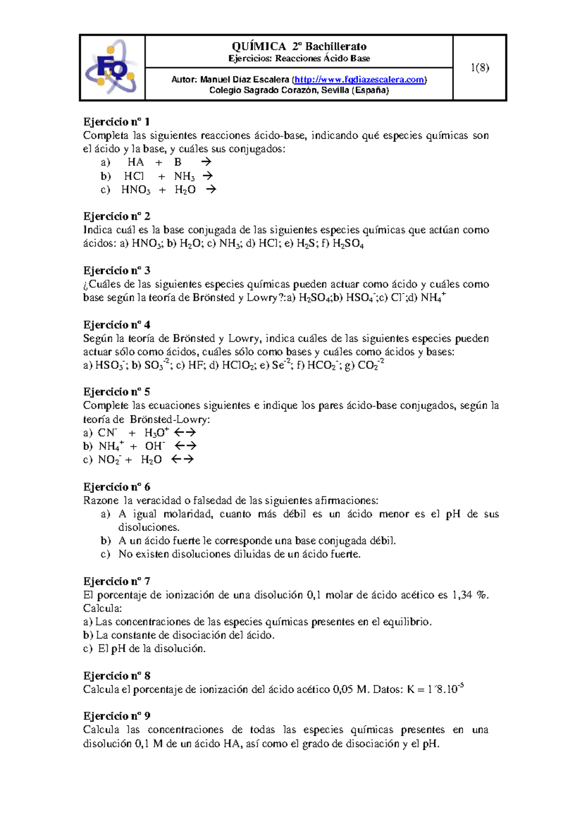 Acido- base resuelto-1 - Ejercicios: Reacciones Ácido Base Autor: Manuel Díaz Escalera - Studocu