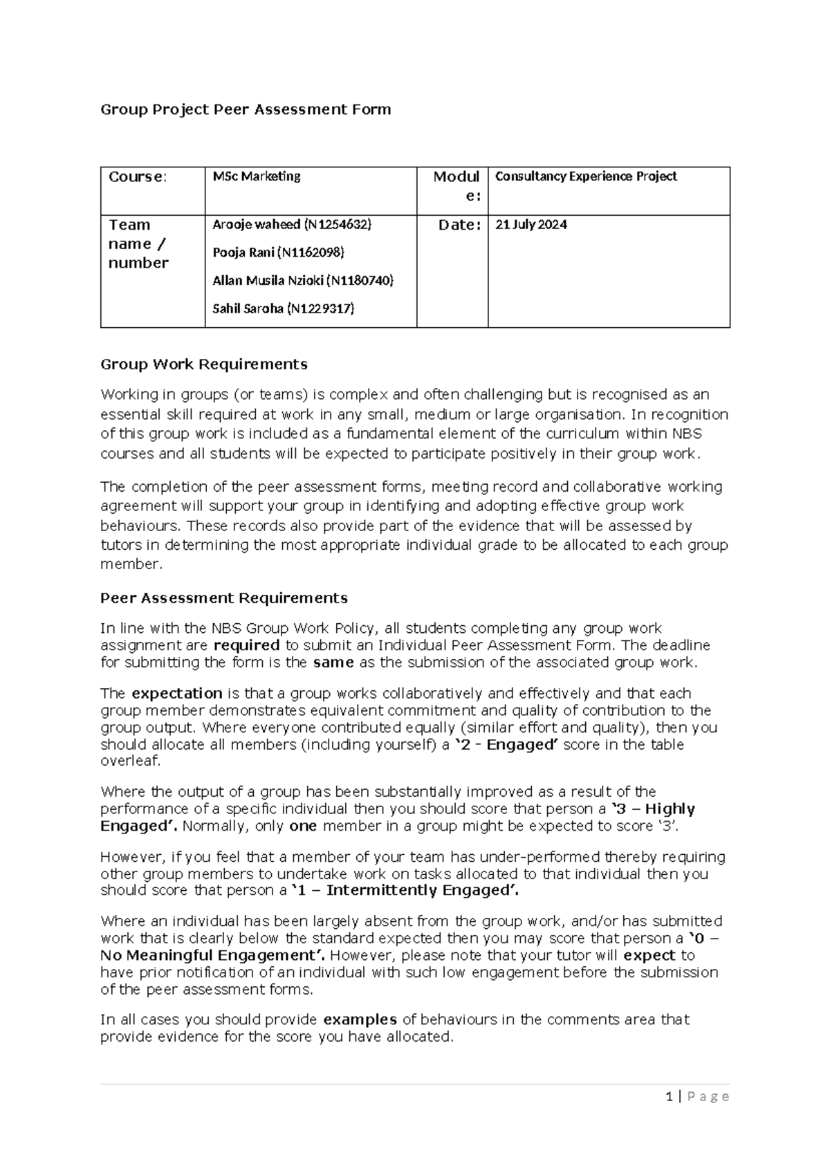 Group project peer assessment form - Group Project Peer Assessment Form ...