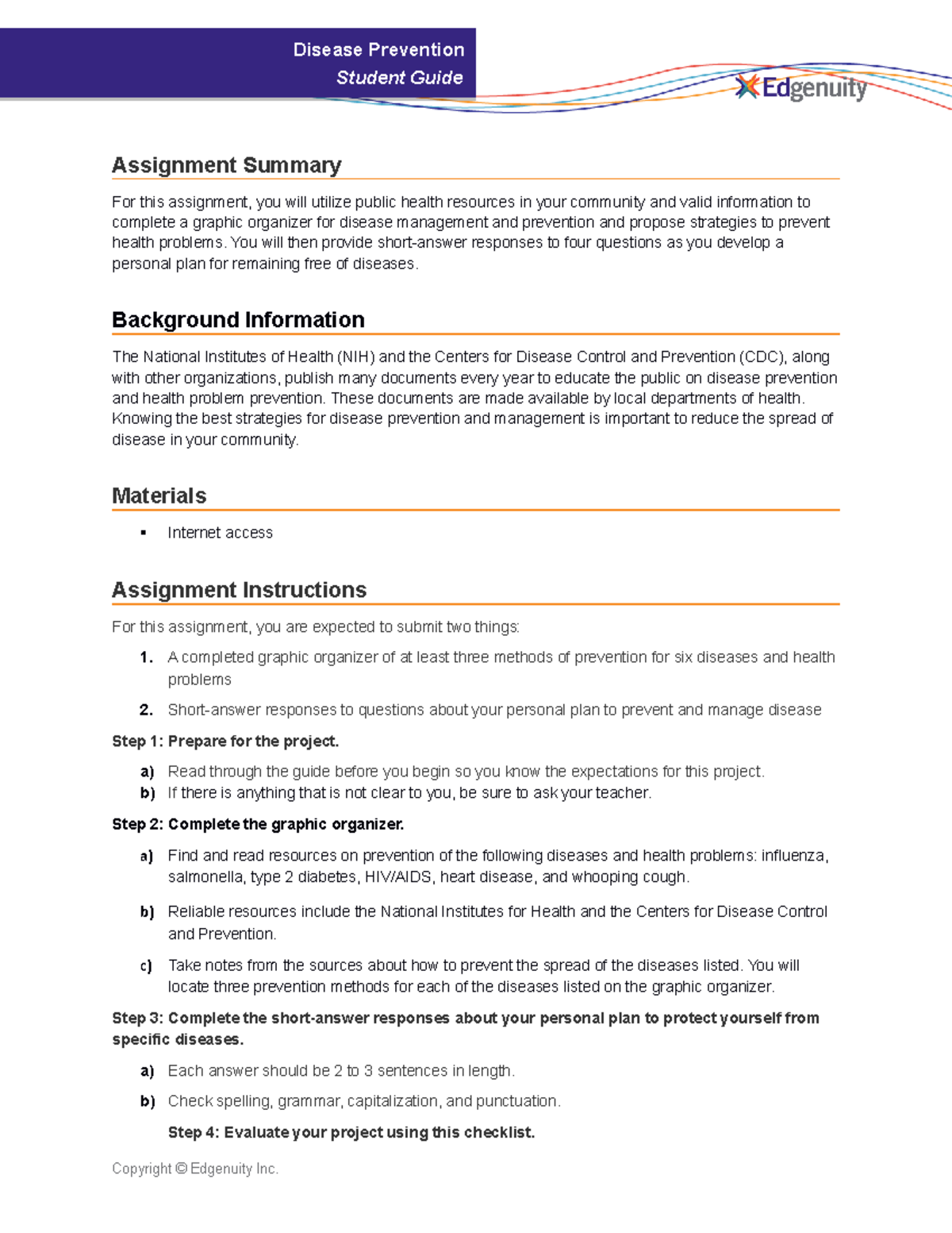 Project-Disease Prevention-Student Guide - Assignment Summary For this ...