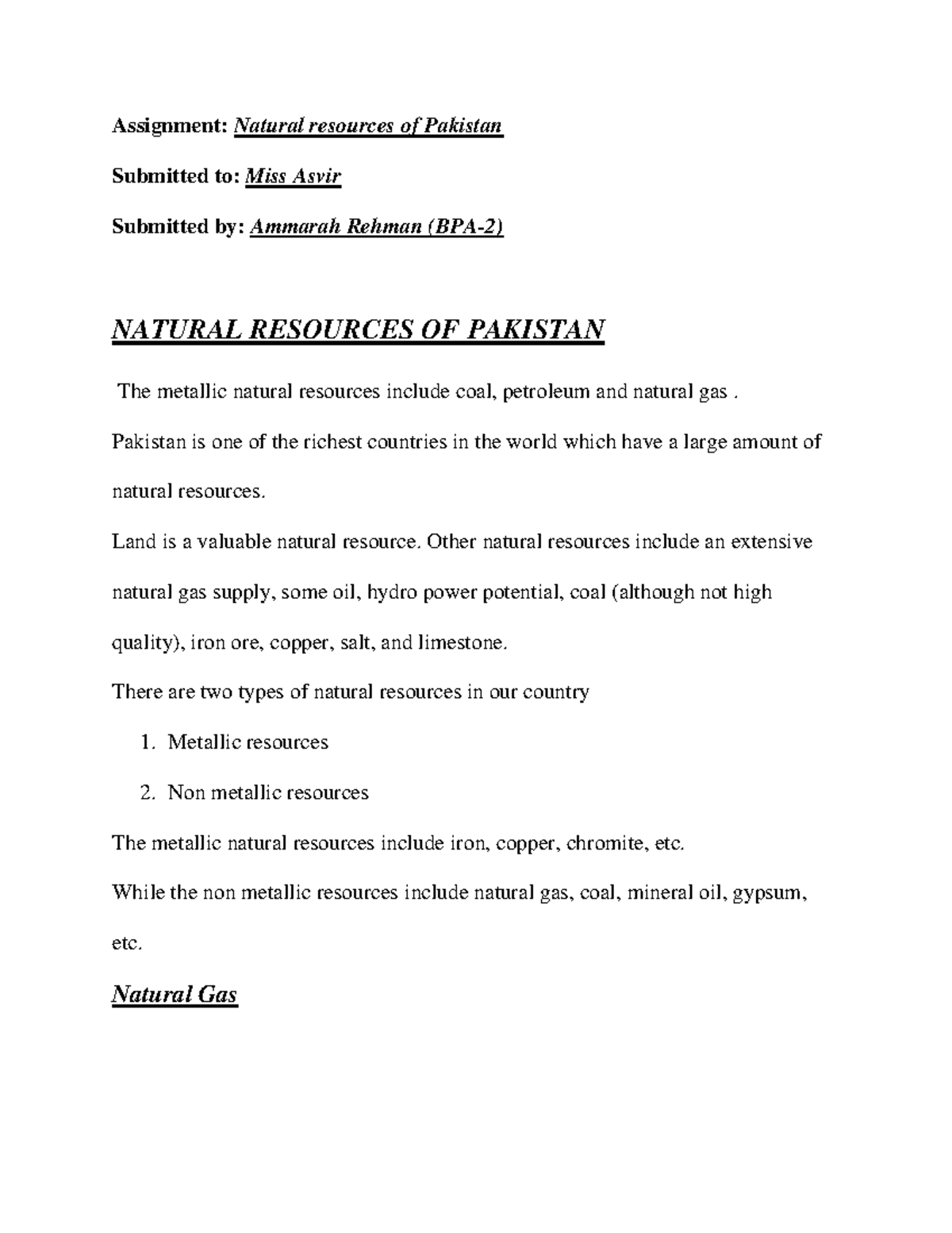Natural resources of Pakistan - Assignment: Natural resources of ...