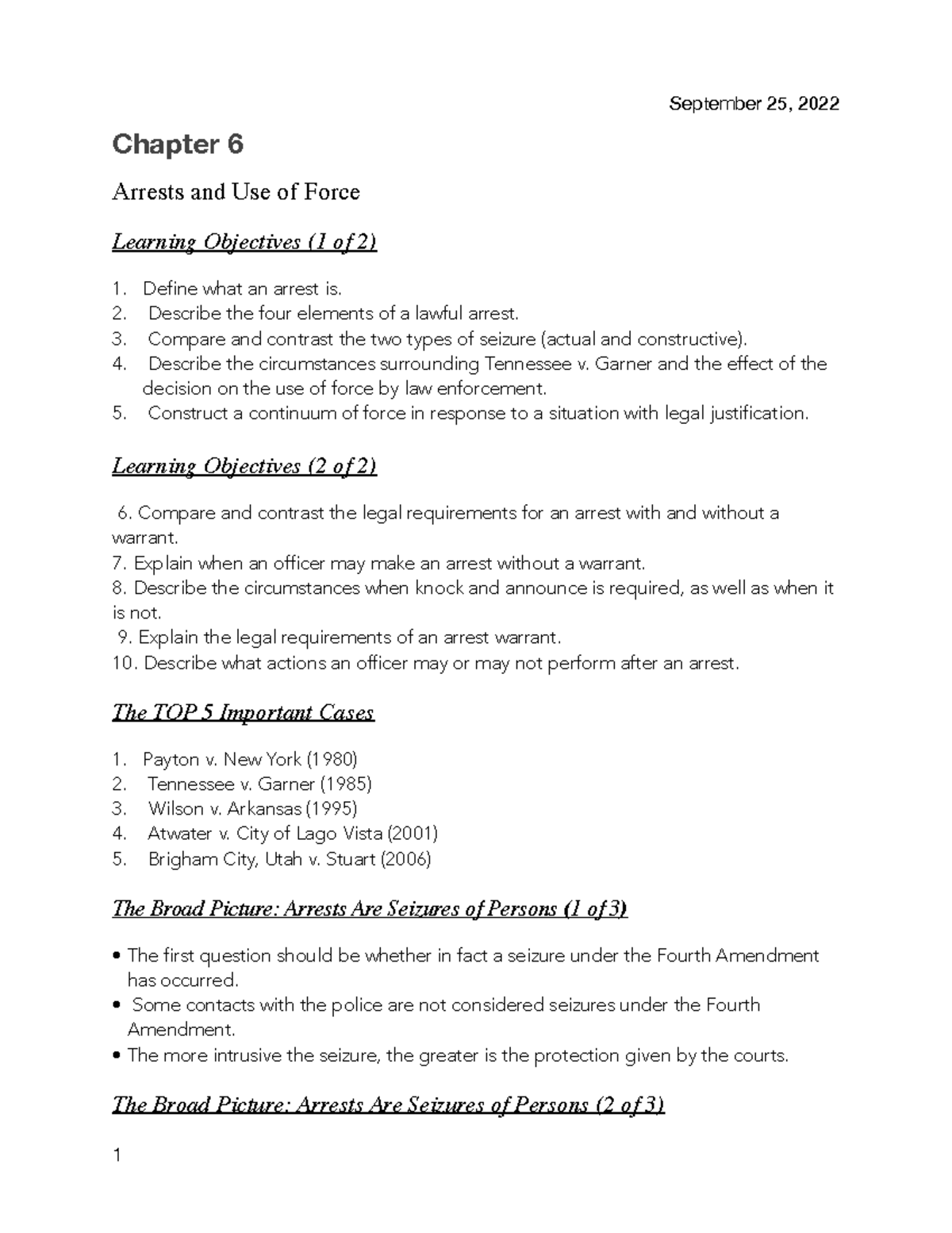 ADJ-2 week 6 notes - Chapter 6 Arrests and Use of Force Learning ...