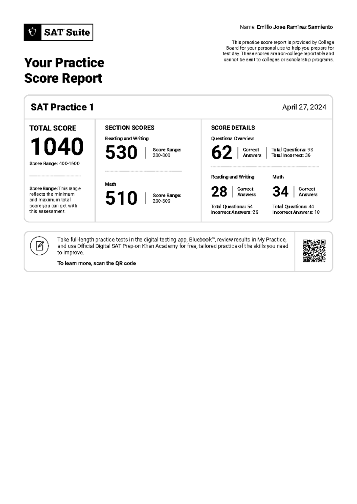 Eramirez Sarmiento SAT Practice 1 04272024 - Your Practice Score Report ...