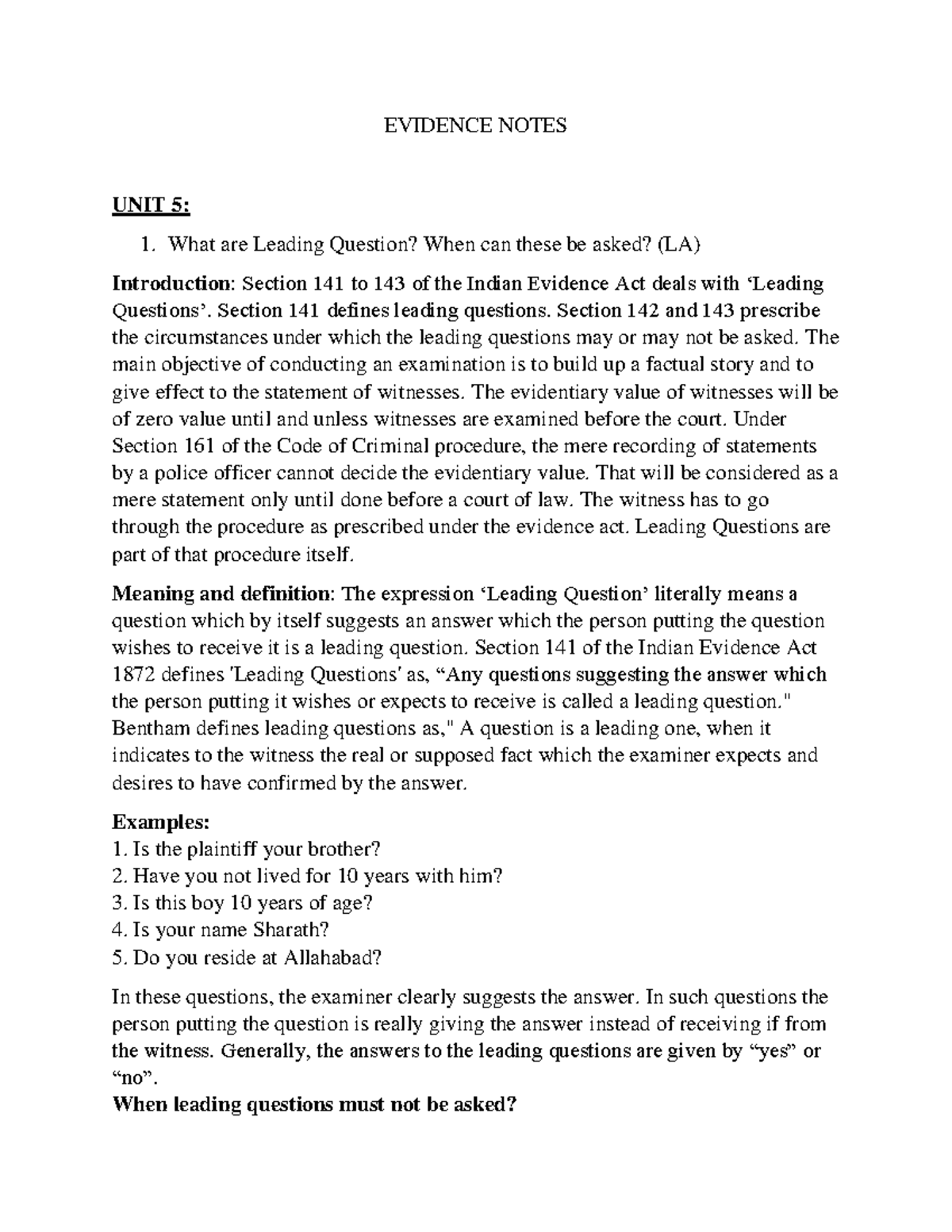 Evidence Notes - EVIDENCE NOTES UNIT 5: What are Leading Question? When ...