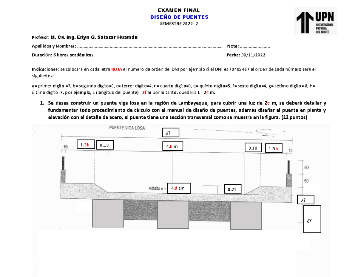 Examen Final - Diseño de Puentes - EXAMEN FINAL DISEÑO DE PUENTES ...