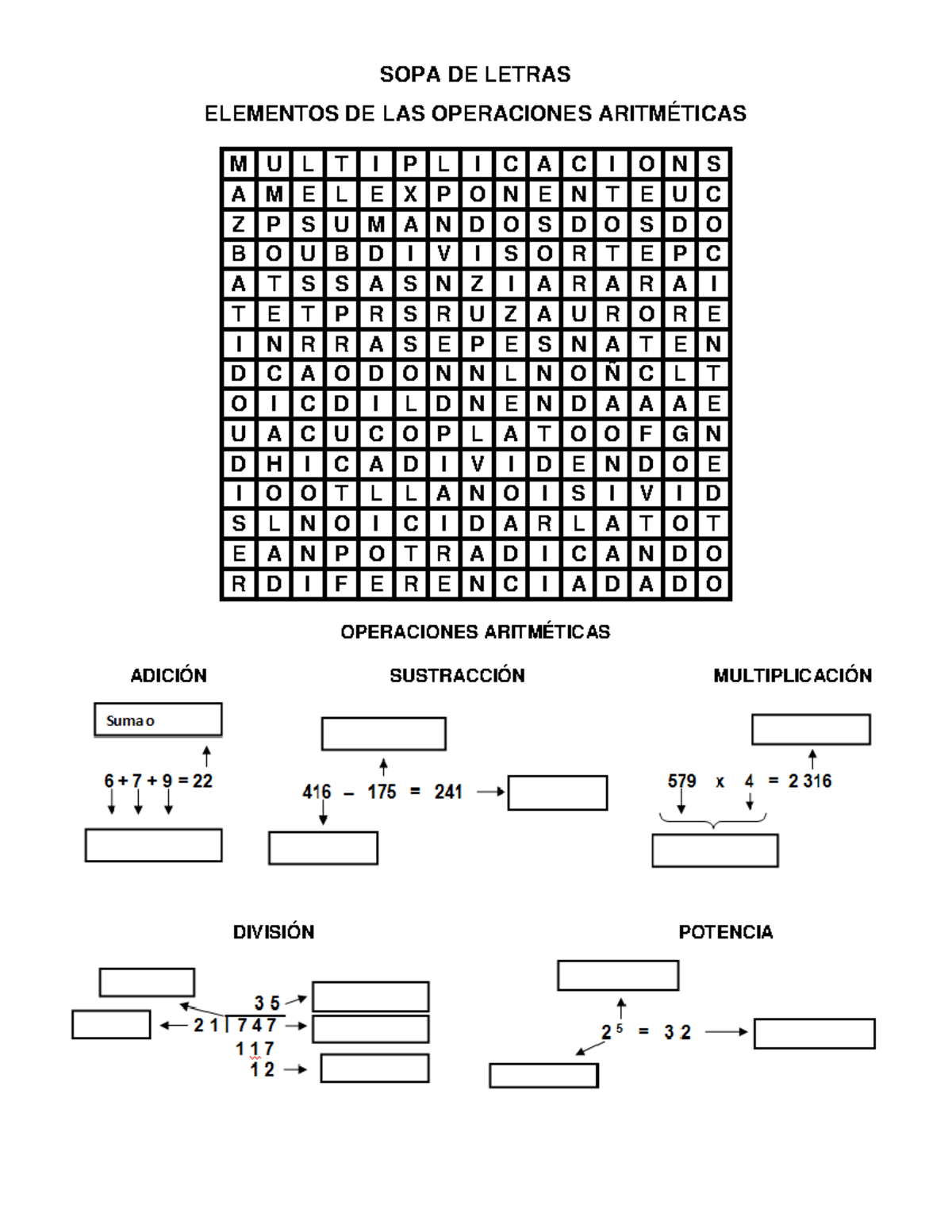 SOPA DE Letras Elementos de las operaciones - SOPA DE LETRAS ELEMENTOS ...