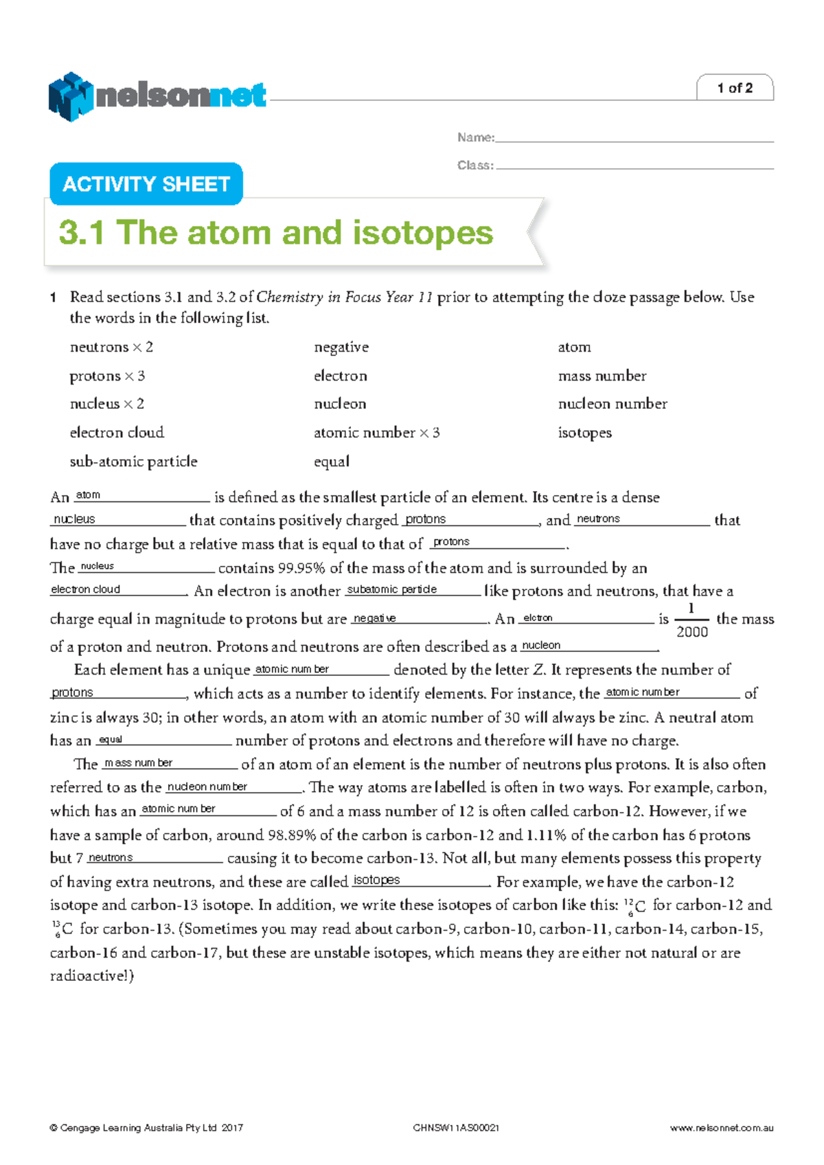 Atoms and Isotopes - study notes chemistry - © Cengage Learning ...