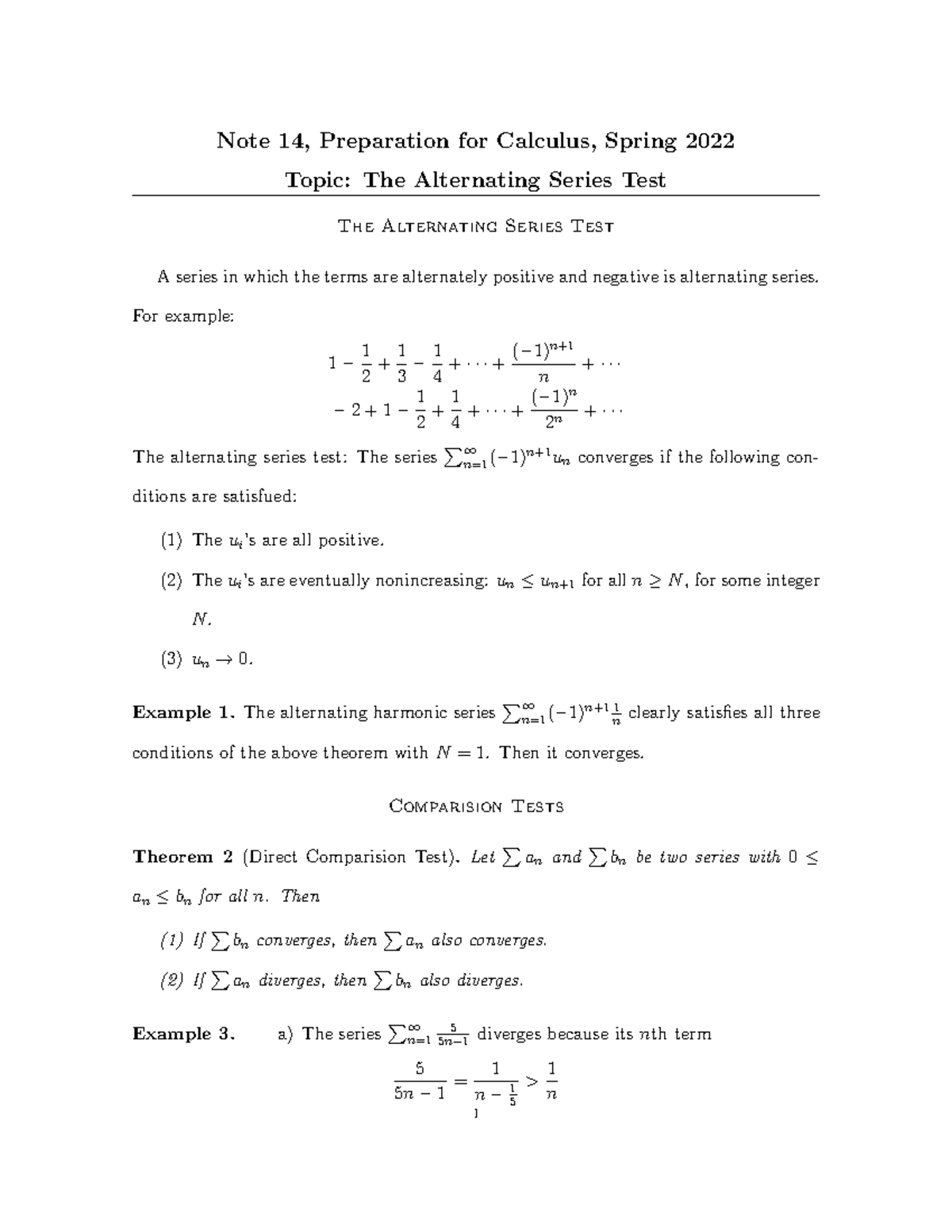 Note14 - The Alternating Series Test - Note 14, Preparation for ...