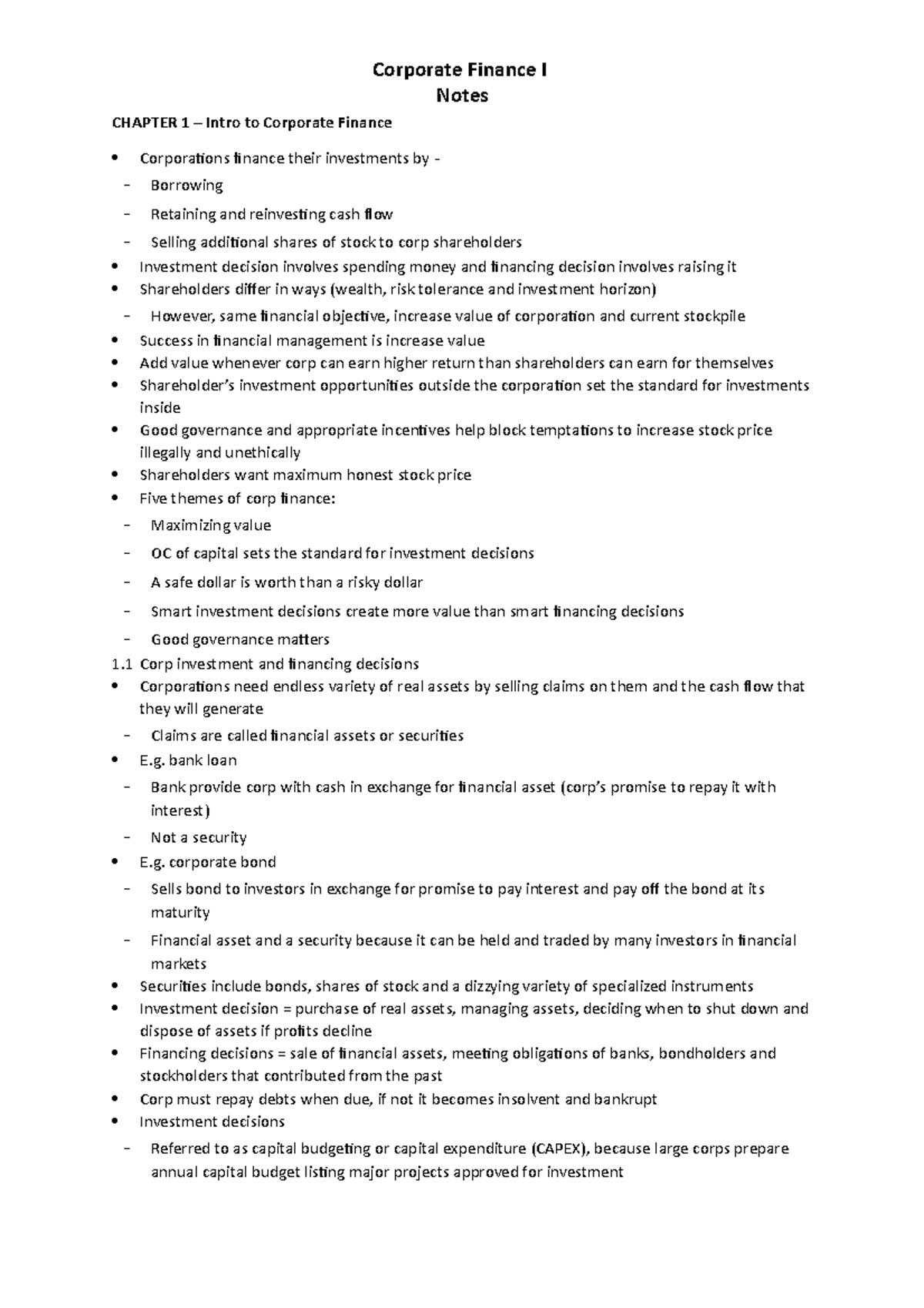 FINC2011 - ..... - Notes CHAPTER 1 – Intro to Corporate Finance ...