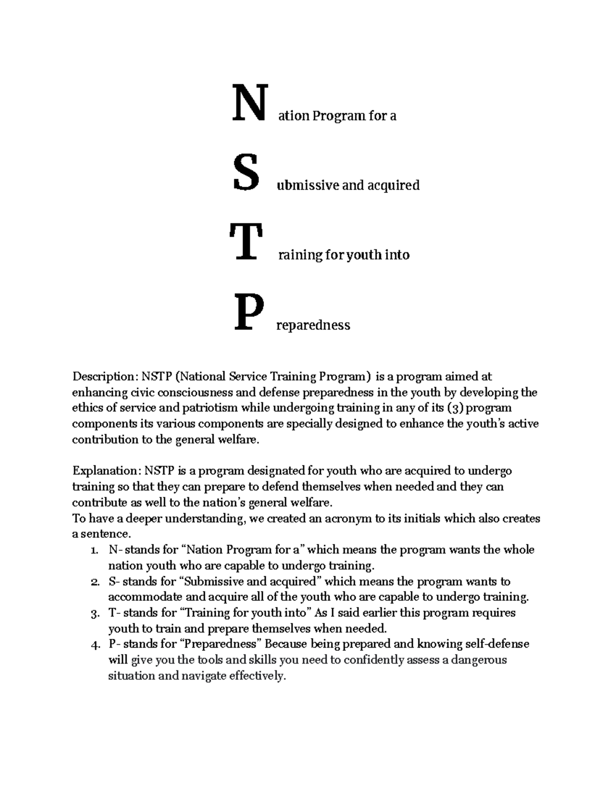 NSTP Group Activity - Intro to NSTP - N ation Program for a S ubmissive ...
