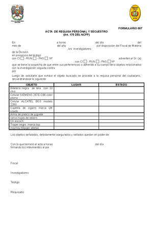 Acta de registro y lugar del hecho secuestro - FORMULARIO 003 ACTA DE ...