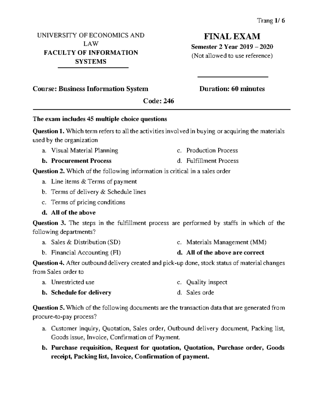 1 - final exam - UNIVERSITY OF ECONOMICS AND LAW FACULTY OF INFORMATION ...