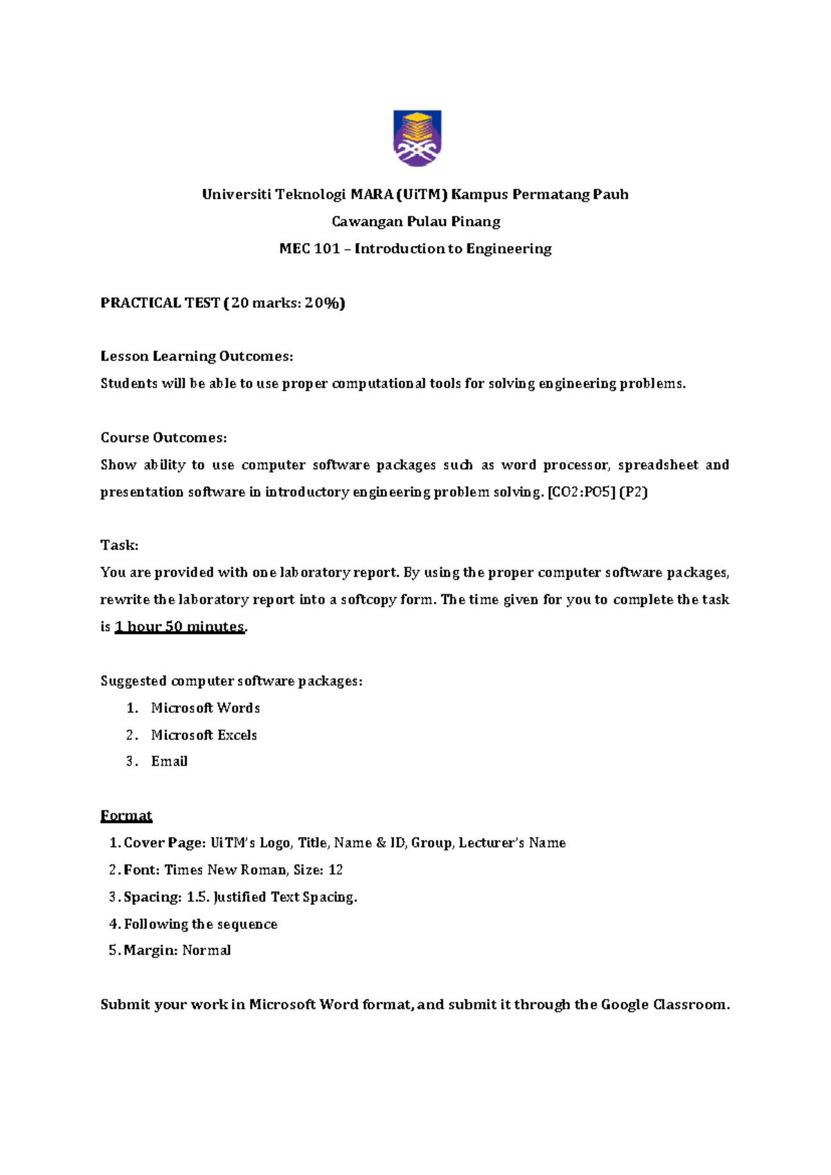 MEC101 Practical TEST - tets how you do you like and i like yo ...