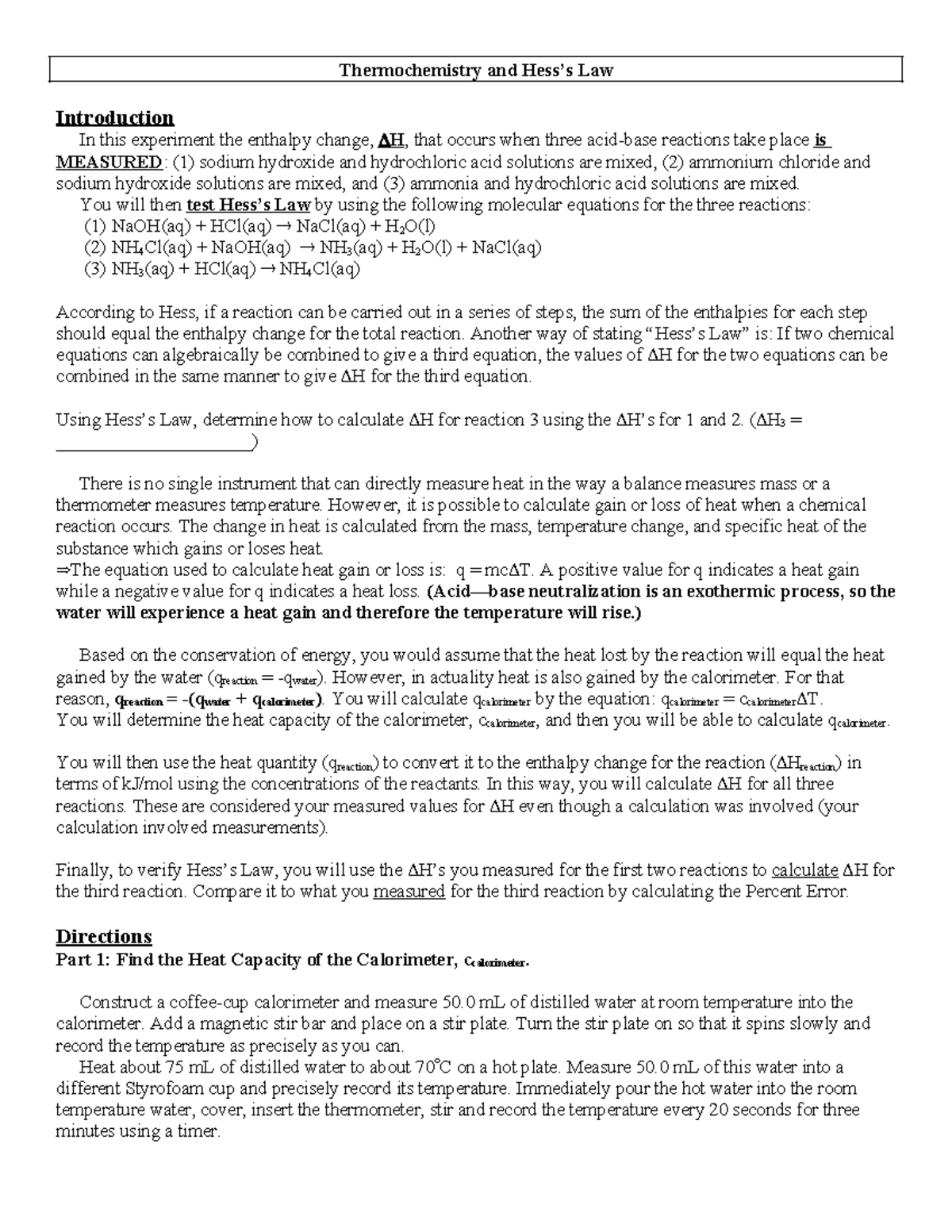 Thermochemistry Lab - a +b=c - Thermochemistry and Hess’s Law ...