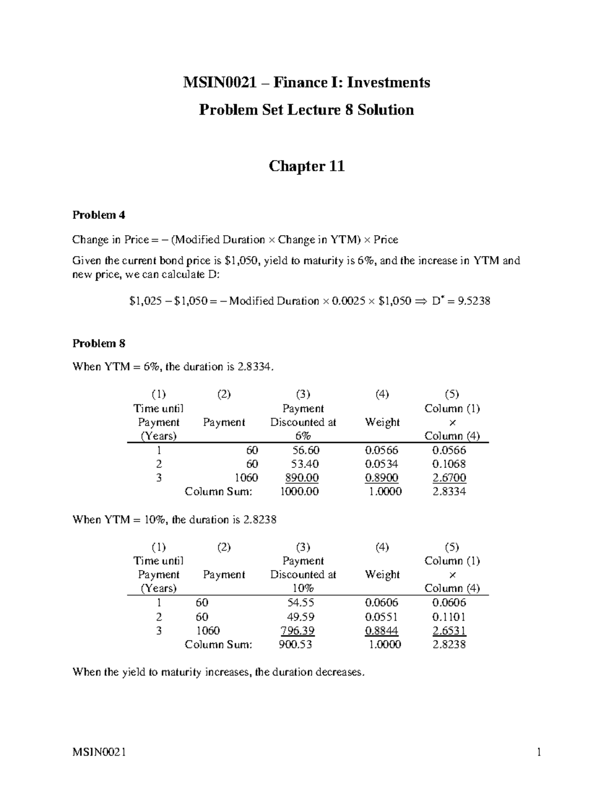 Problem Set Lecture 8 Solution - MSIN0021 – Finance I: Investments Problem Set Lecture 8 ...