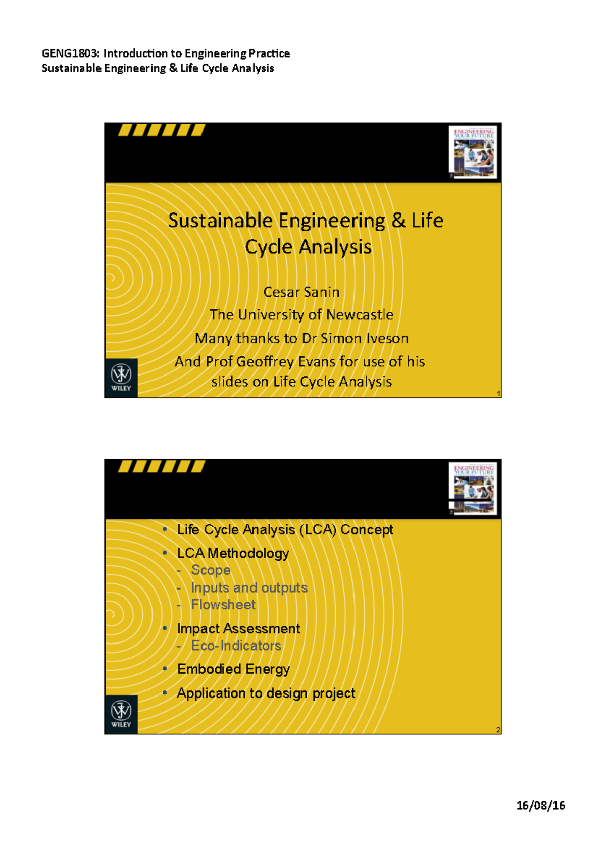 GENG1803 Life Cycle Analysis - **Sustainable Engineering & Life Cycle ...