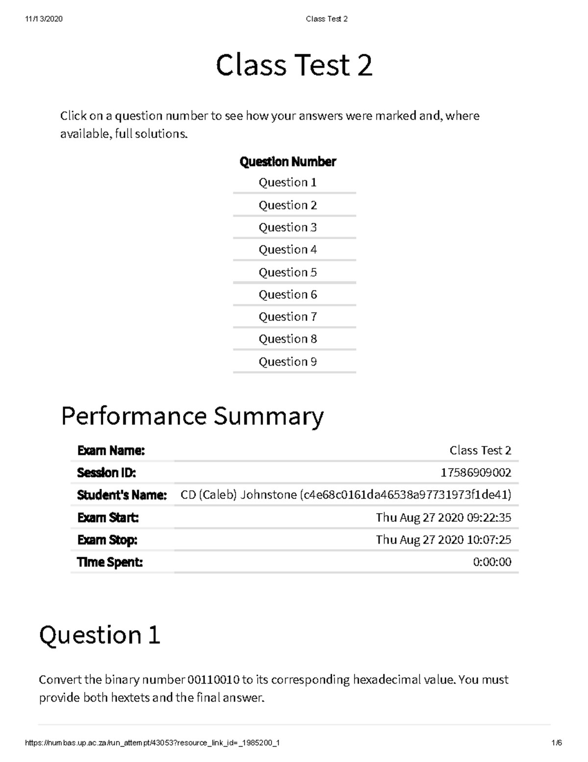 CT2 - 2020 - CT2 - Class Test 2 Question 1 Convert the binary number ...
