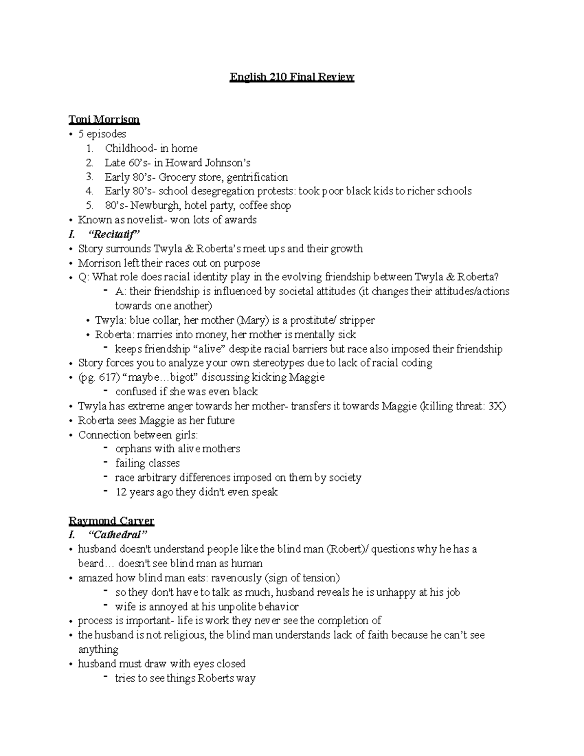 English 210 final notes - English 210 Final Review Toni Morrison • 5 ...