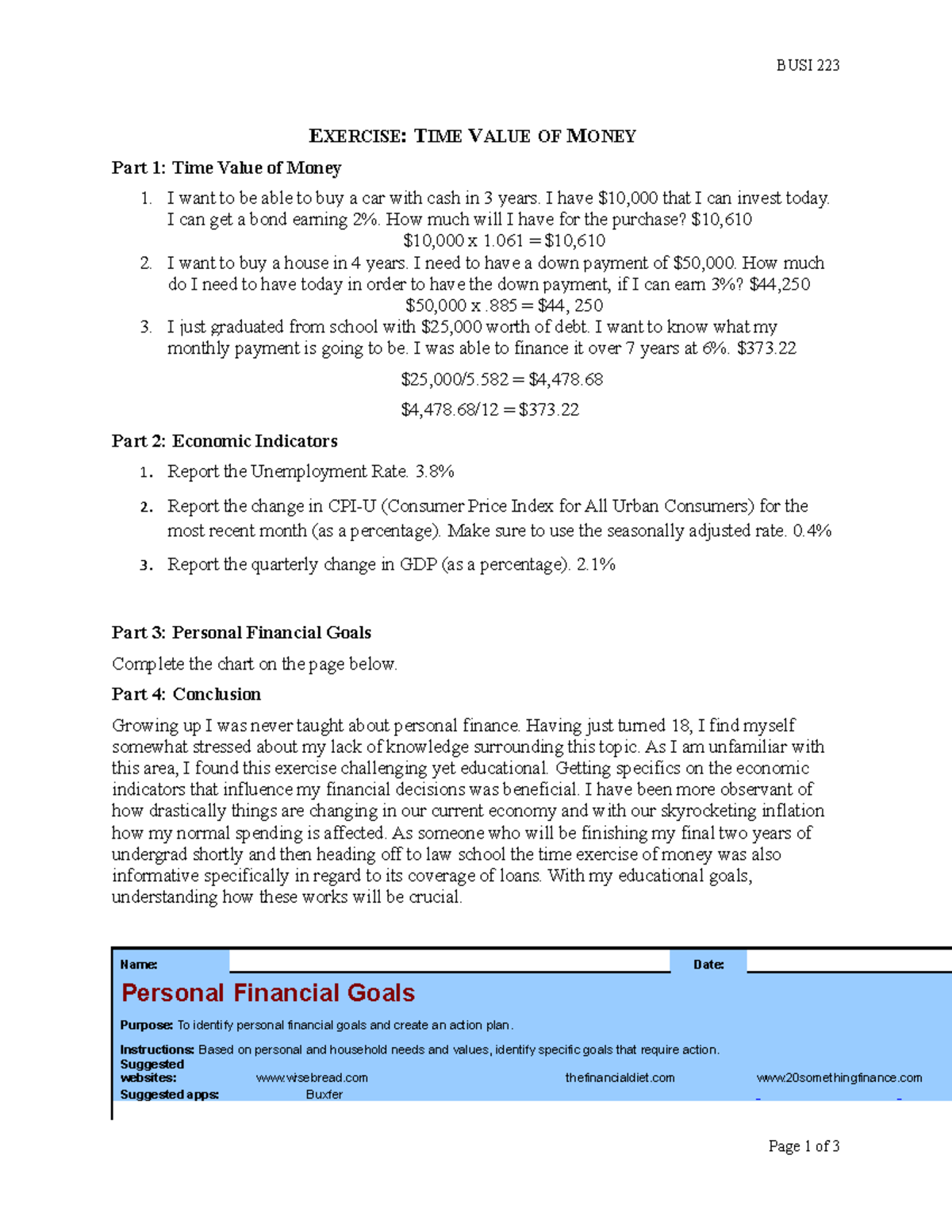 Exercise Time Value of Money -1 - BUSI 223 EXERCISE: TIME VALUE OF MONEY Part 1: Time Value of ...