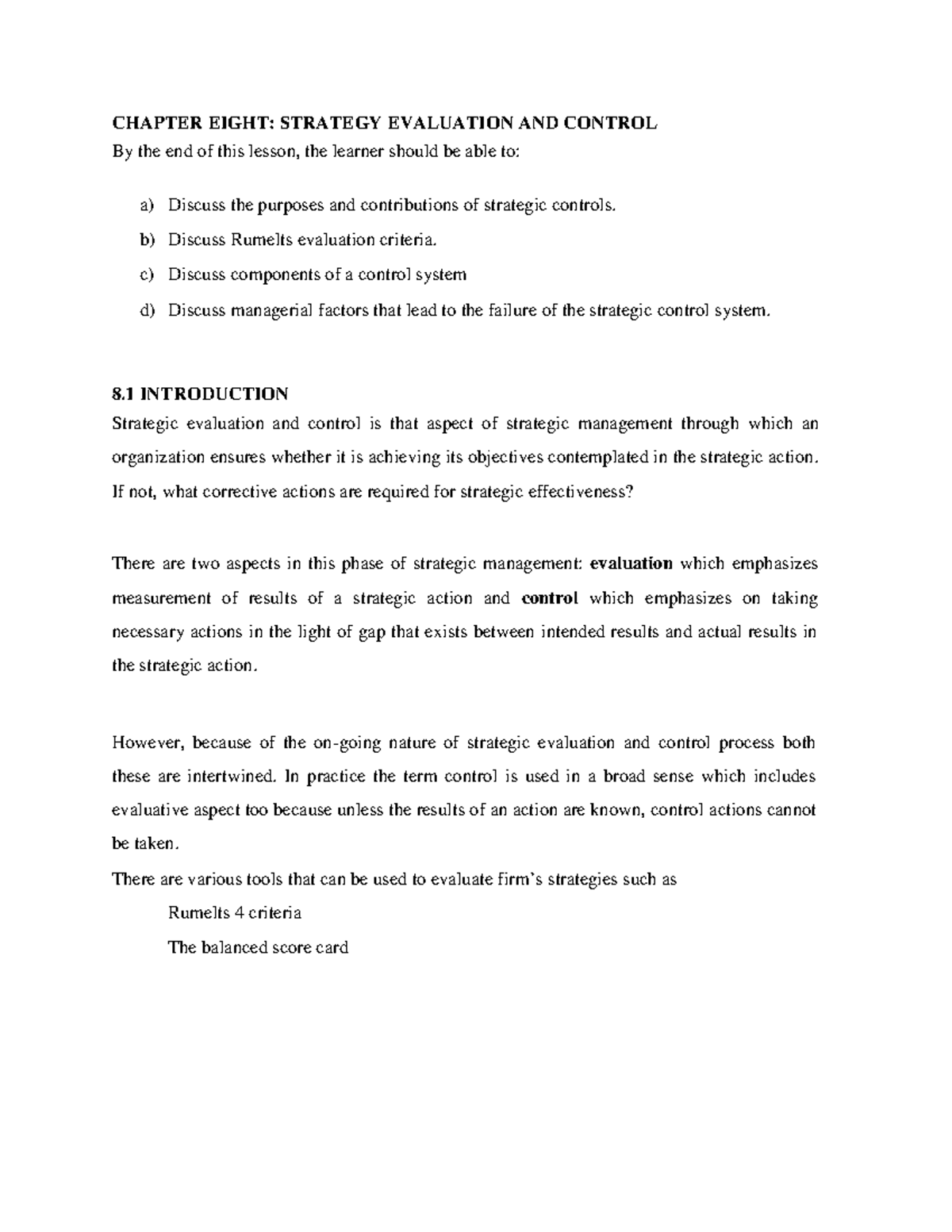 Lesson 8- Strategy Evaluation AND Control - CHAPTER EIGHT: STRATEGY ...