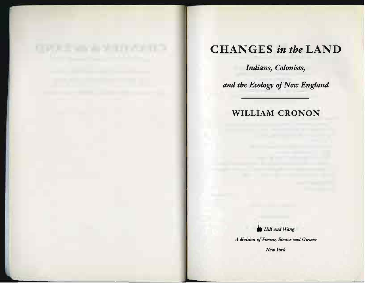 Cronon changes in the land pg 3 53 - Studocu