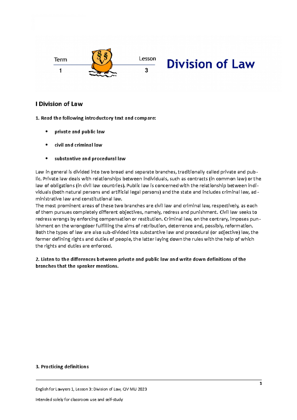 Lesson 03 Division of Law - I Division of Law 1. Read the following ...