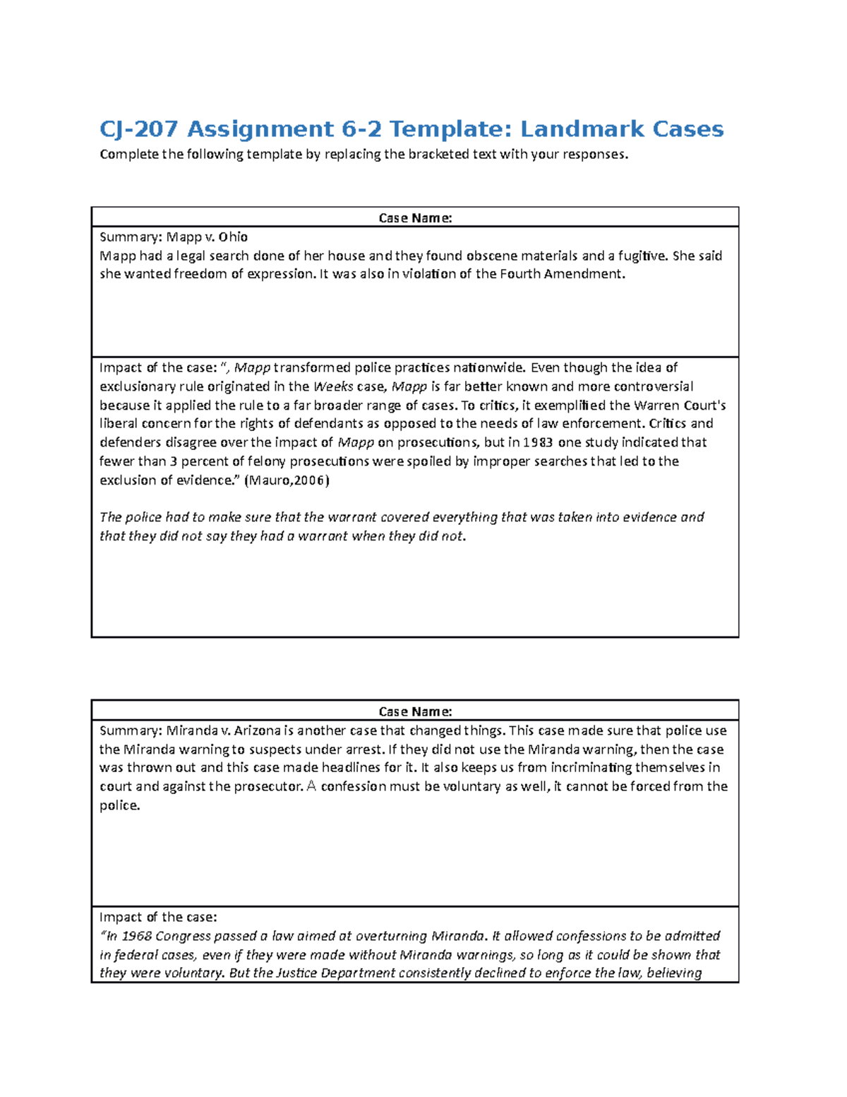 CJ-207 Assignment 6-2 Template - Case Name: Summary: Mapp v. Ohio Mapp ...