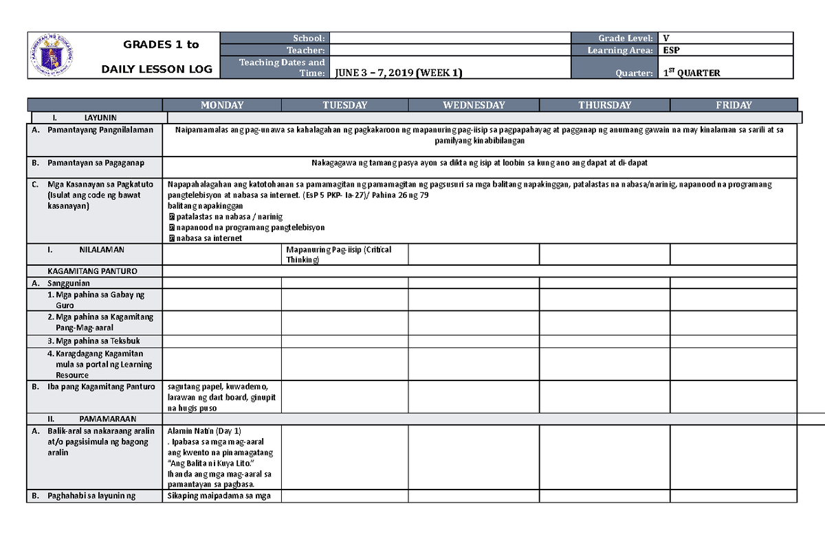 DLL ESP 5 Q1 W1 - DLL ESP - GRADES 1 to 12 DAILY LESSON LOG School: Grade Level: V Teacher ...