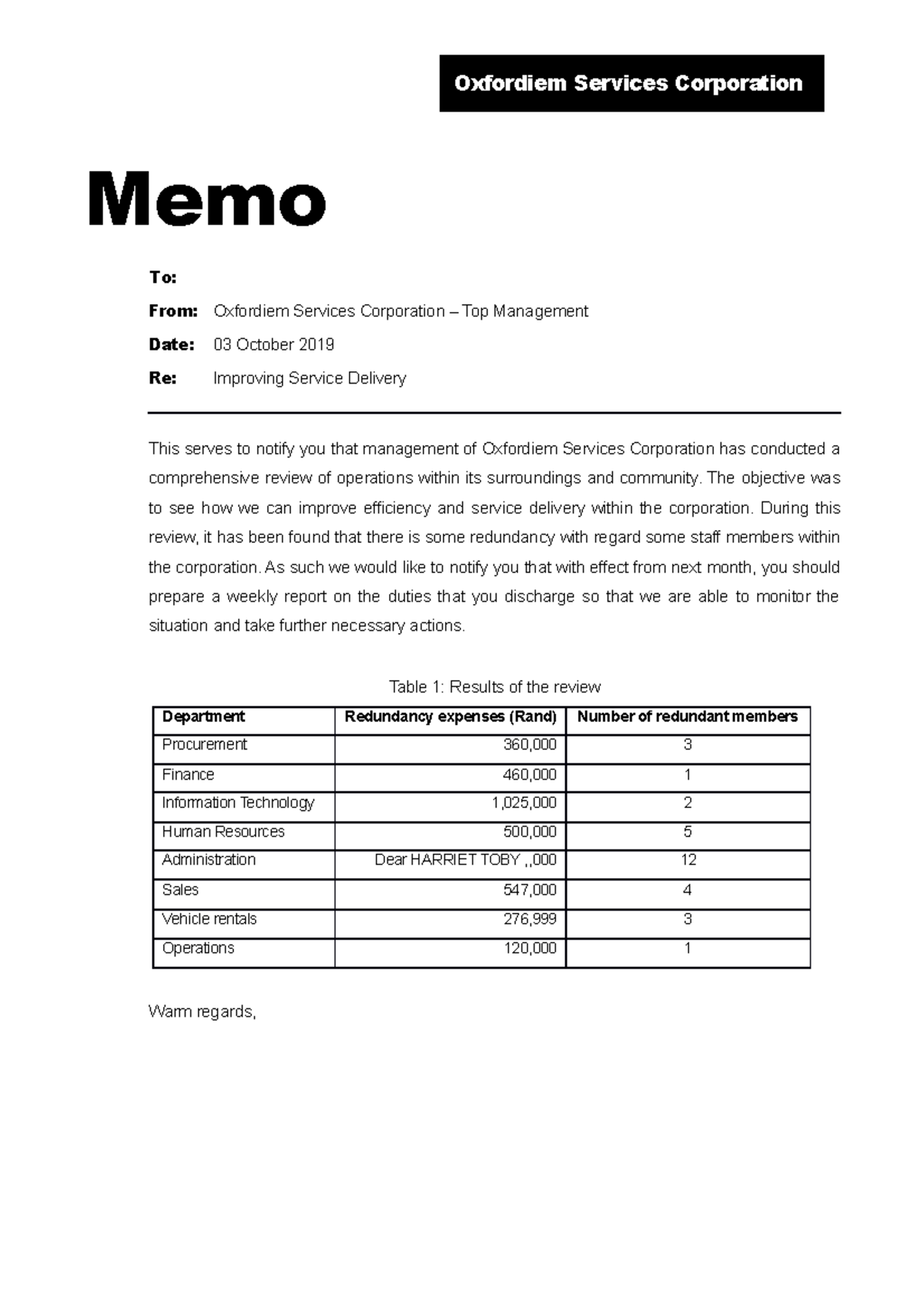 OCS Memo - Oxfordiem Services Corporation Memo To: From: Oxfordiem ...