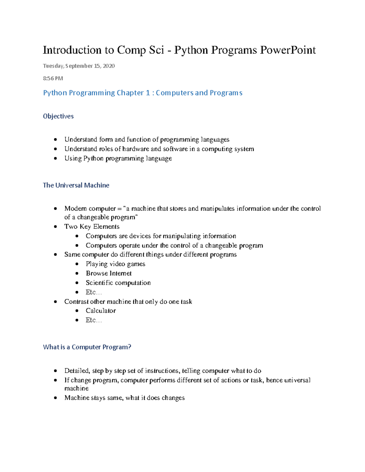 P1 Week 1 Lecture Notes 12 For Intro To Programming Using Python Introduction To Comp