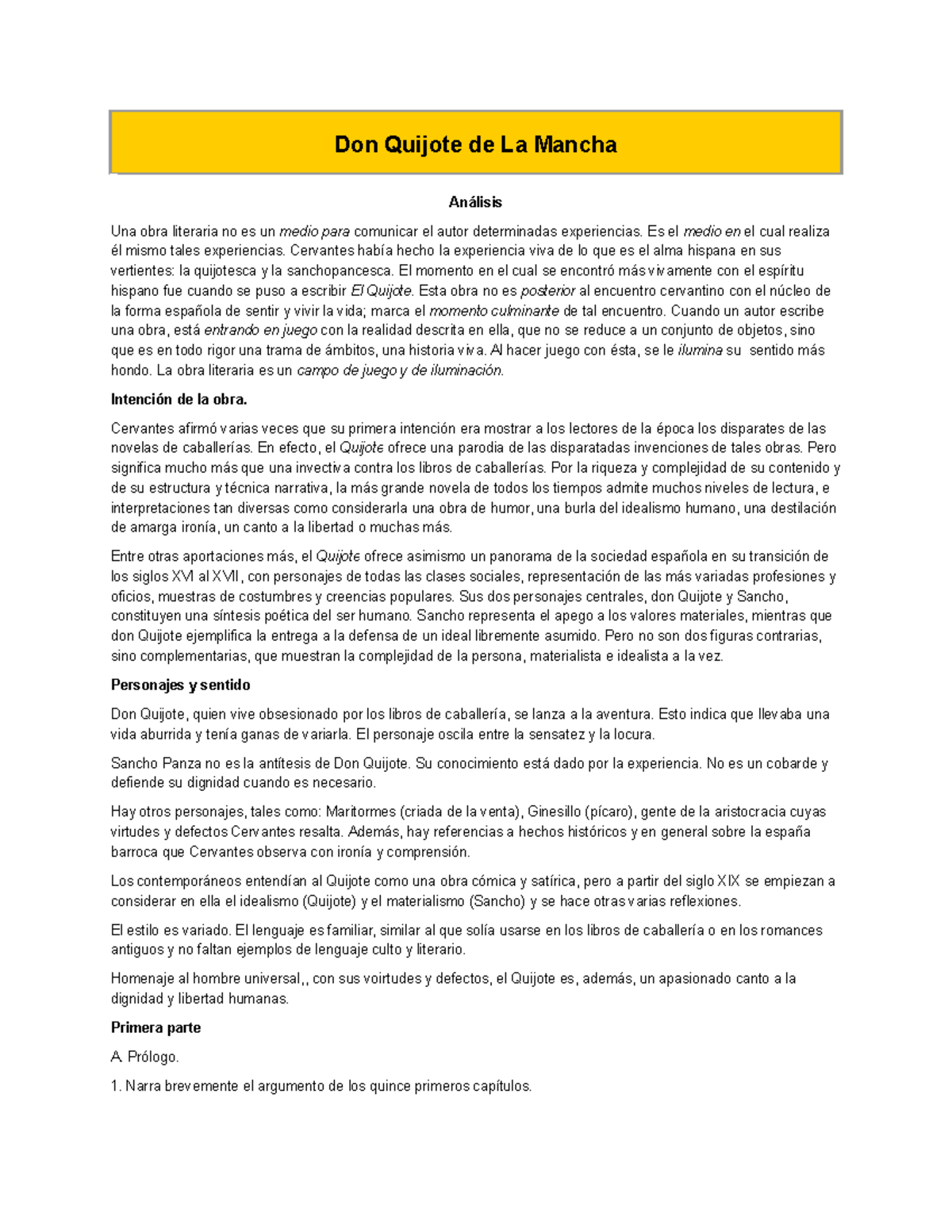 Don Quijote de La Mancha - Don Quijote de La Mancha Análisis Una obra ...