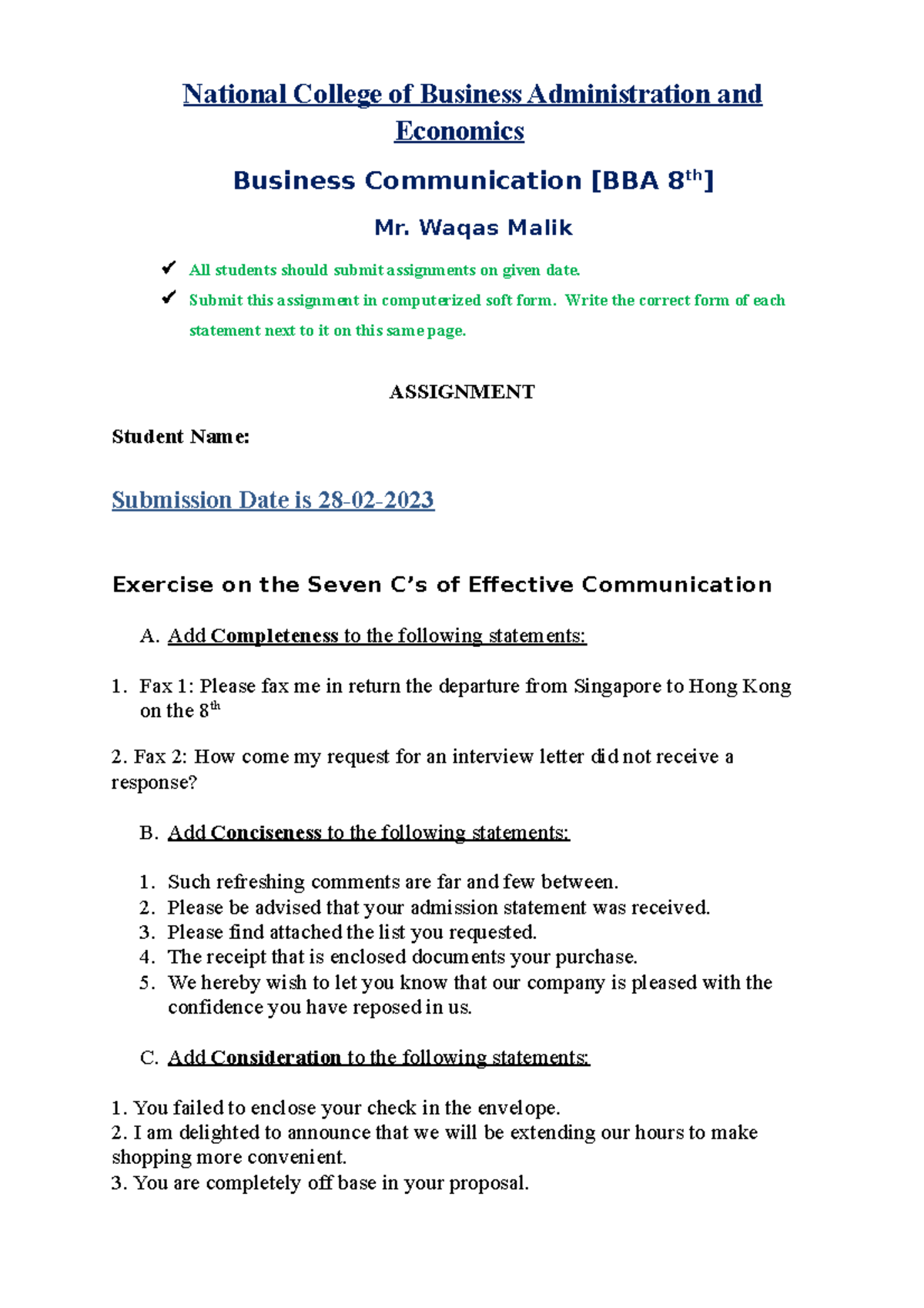 Assignment 1,The Seven C's of Effective Communication - National ...