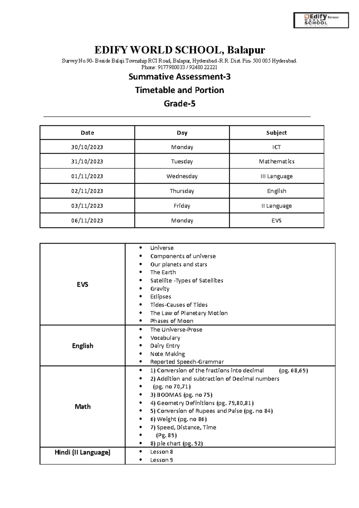 Gr 5 SA-3 Timetable AND Portion - EDIFY WORLD SCHOOL, Balapur Survey No ...