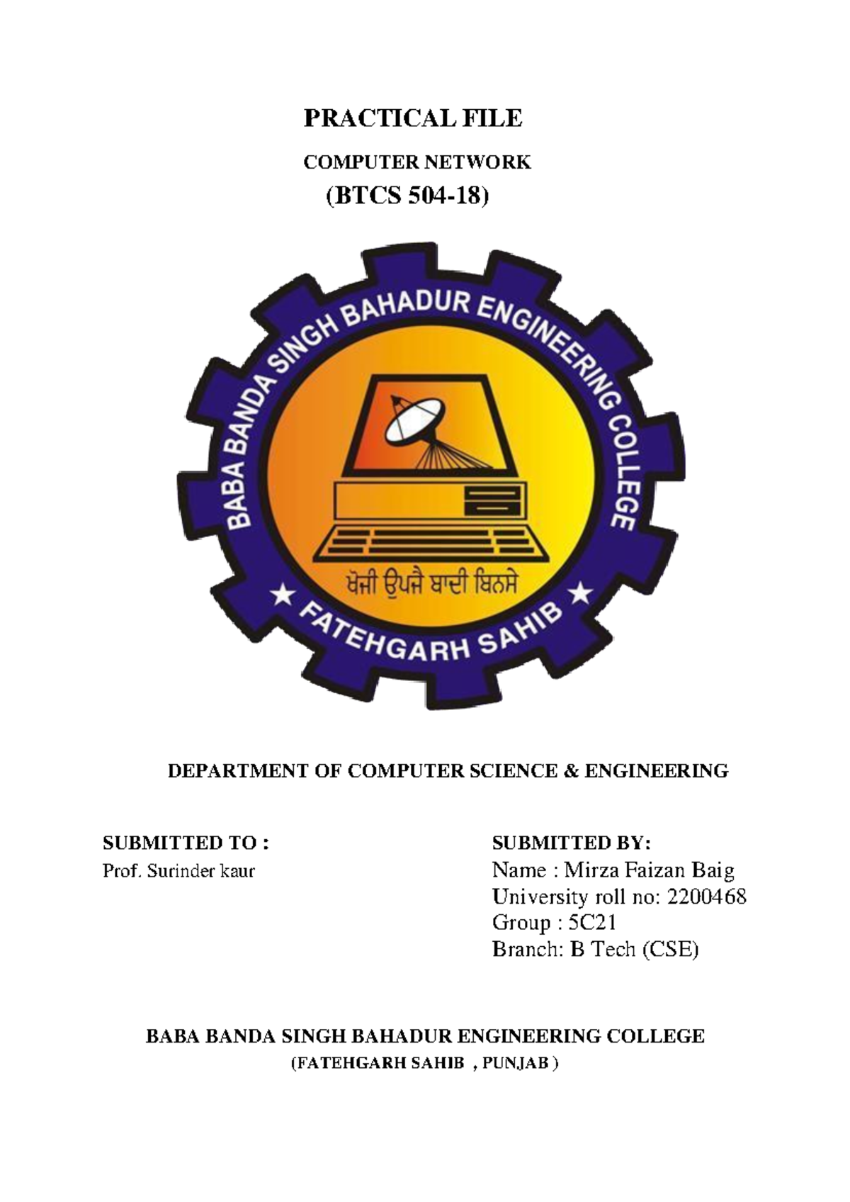 Practical FILE LOGO CN & DBMS - PRACTICAL FILE BABA BANDA SINGH BAHADUR ...