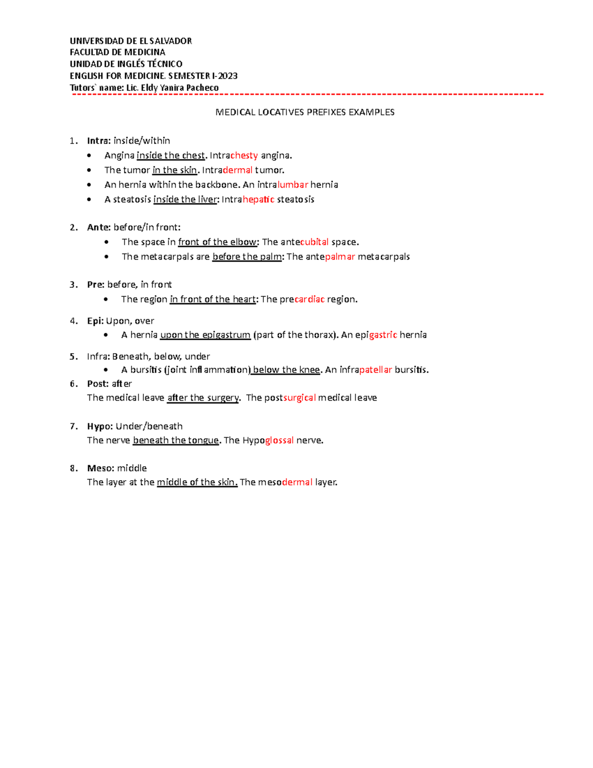 Medical Locative Prefixes Examples - UNIVERSIDAD DE EL SALVADOR ...
